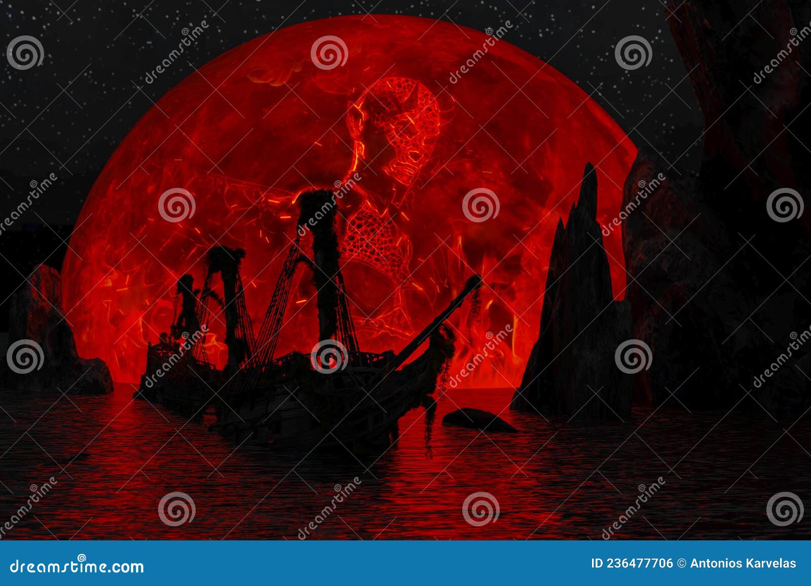 Ghost Sailboat at the Red Moon by Night Time with a Female Demon Stock ...