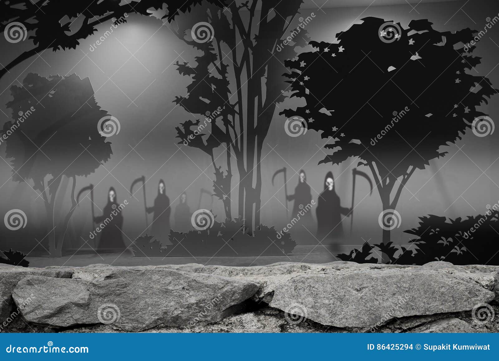 Ghost Shadow Blur Standing At Stairs On Golden Wall With Hell Fire ...