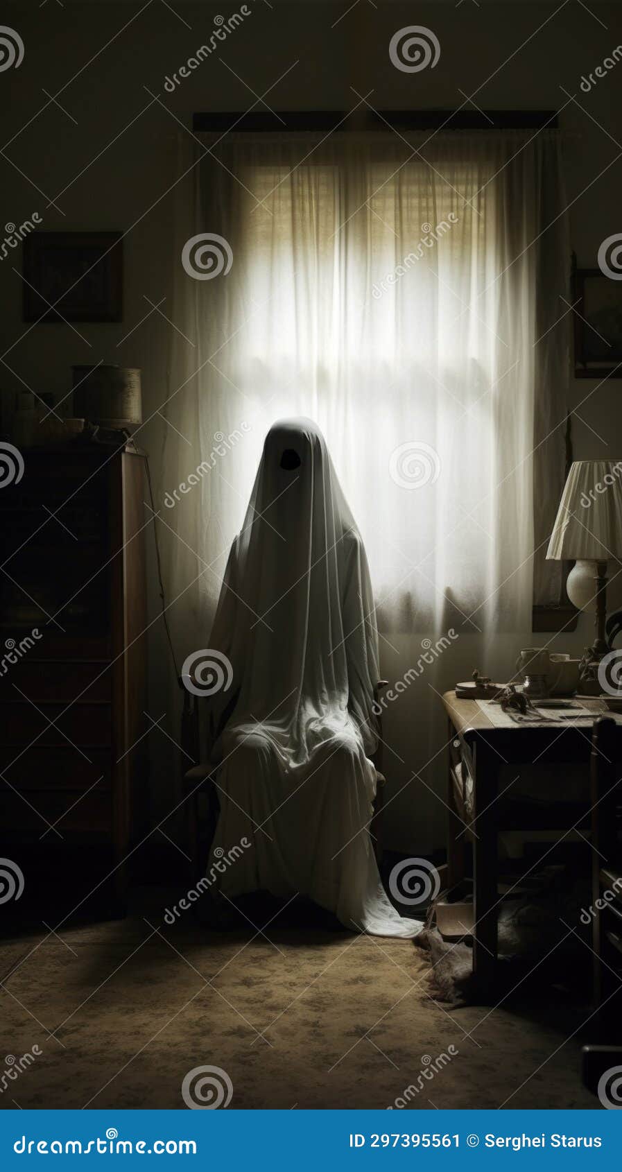 A Ghost Sitting in a Chair with Curtains, AI Stock Image - Image of ...