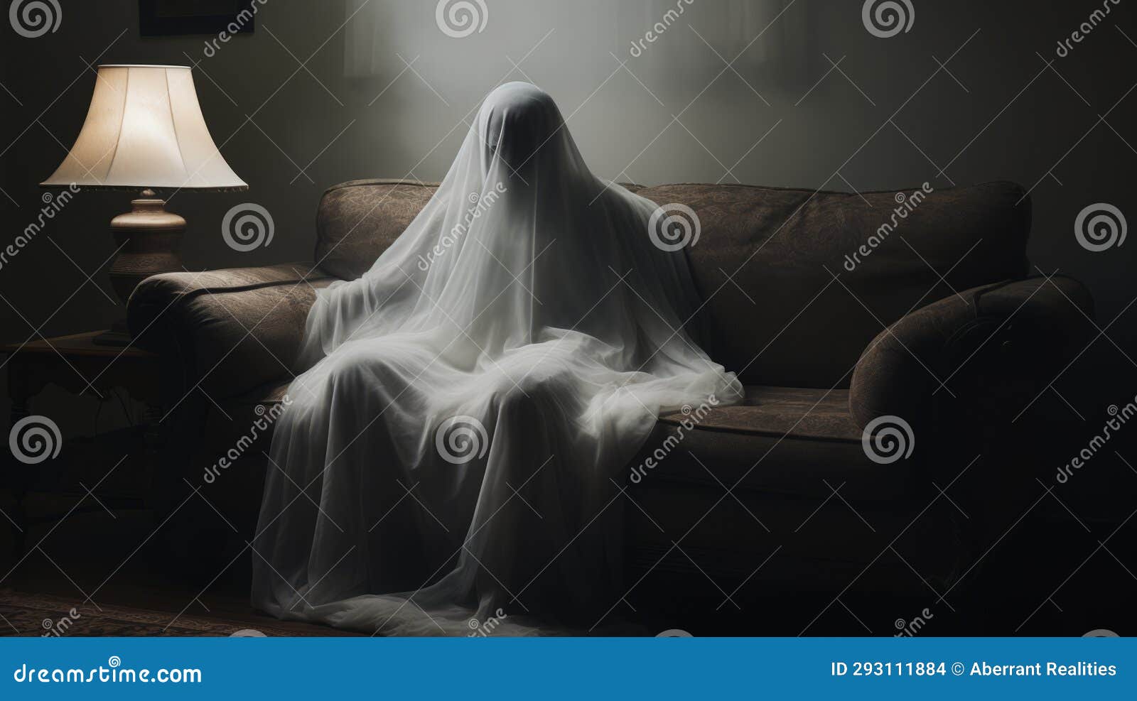 A Ghost Sitting on a Couch in a Dark Room Stock Illustration ...