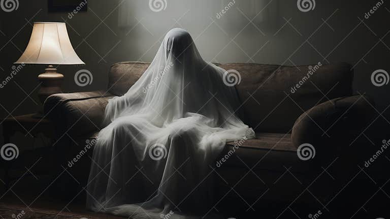 A Ghost Sitting on a Couch in a Dark Room Stock Illustration ...