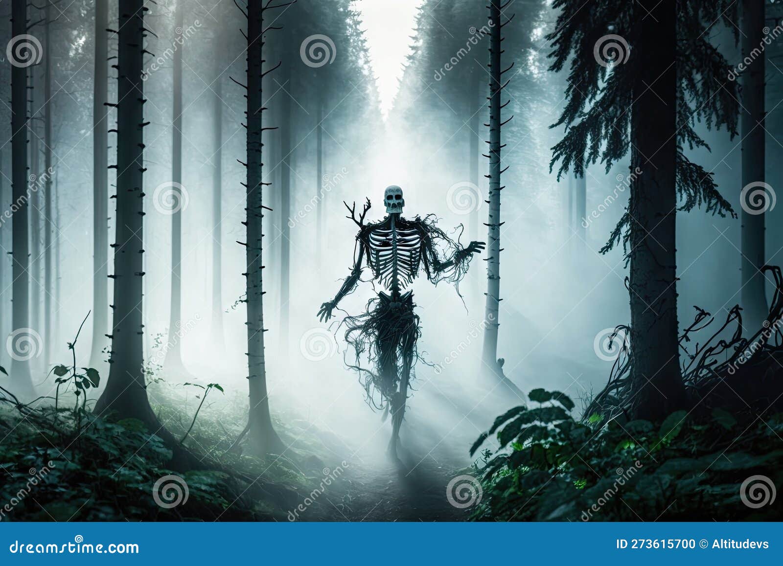 Ghost Skeleton Floating through Forest, with the Trees and Mist in the ...
