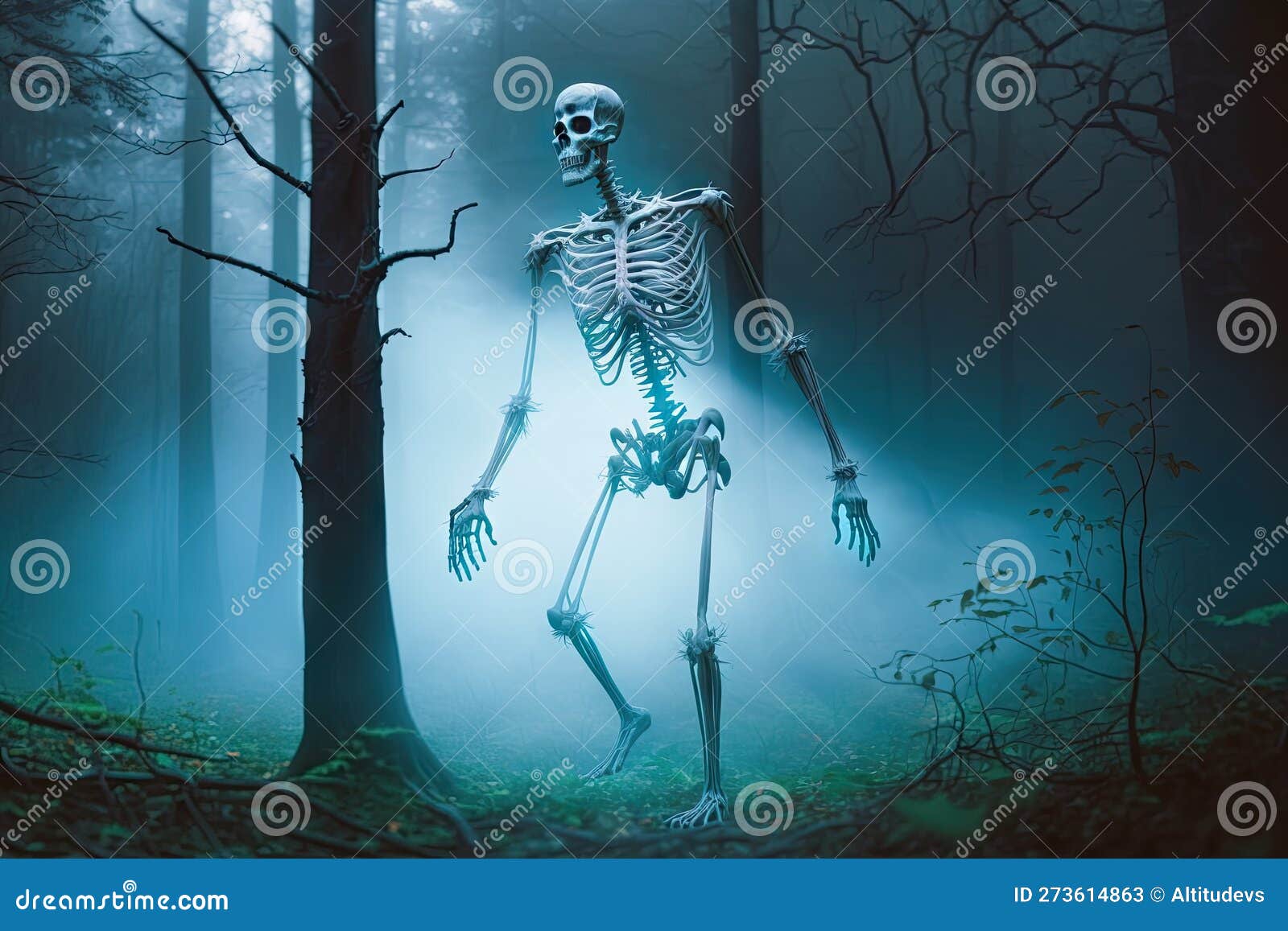Ghost Skeleton Floating Through Misty, Ethereal Forest Stock Image ...