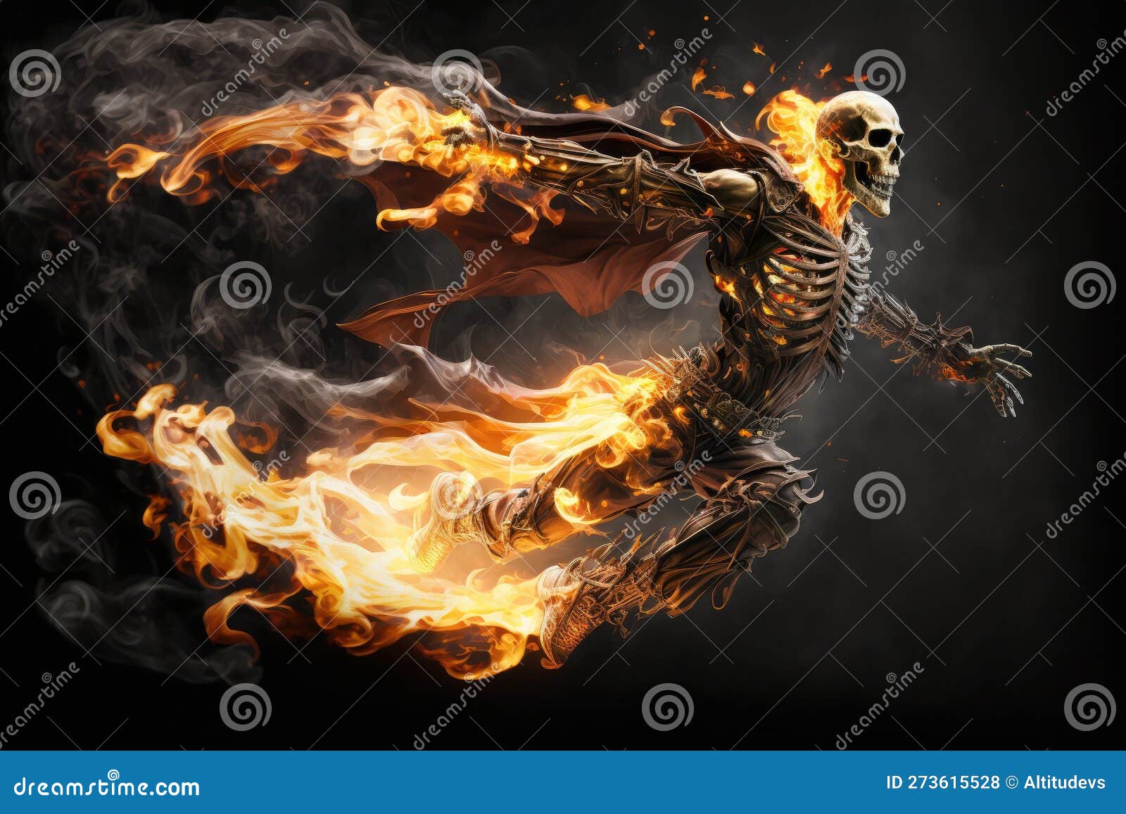 Ghost Skeleton Flying through the Air, Surrounded by Flames Stock ...
