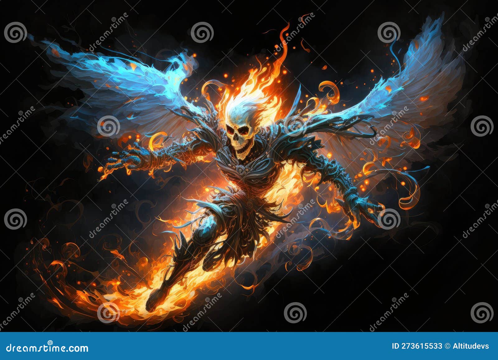 Ghost Skeleton Flying through the Air, Surrounded by Flames Stock ...