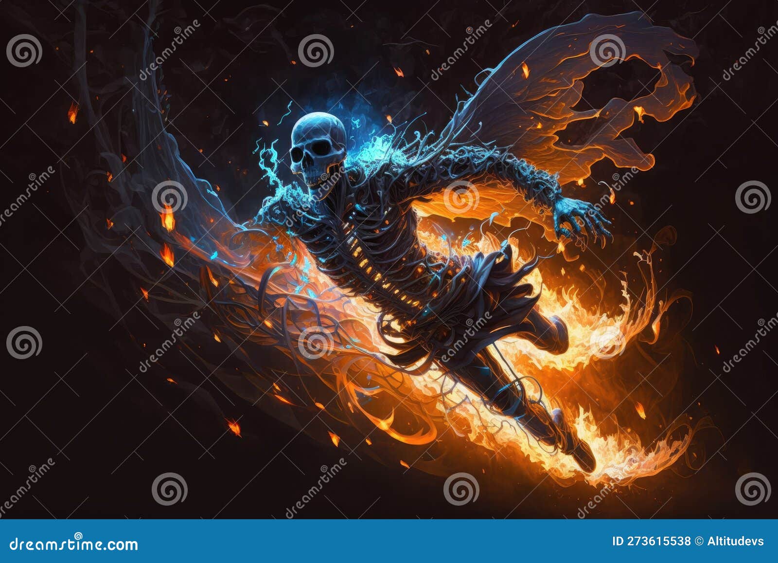 Ghost Skeleton Flying through the Air, Surrounded by Flames Stock ...