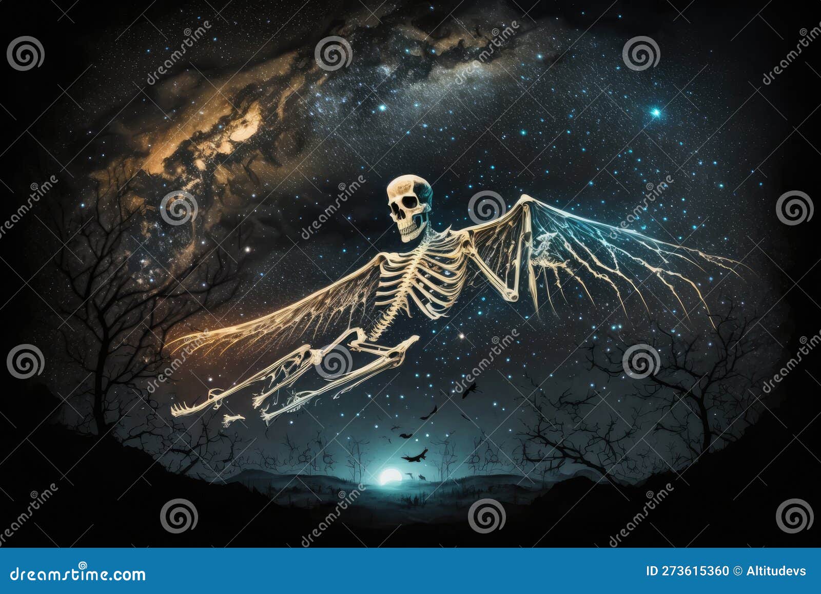 Ghost Skeleton Flying through the Night Sky, Surrounded by Starry Skies ...