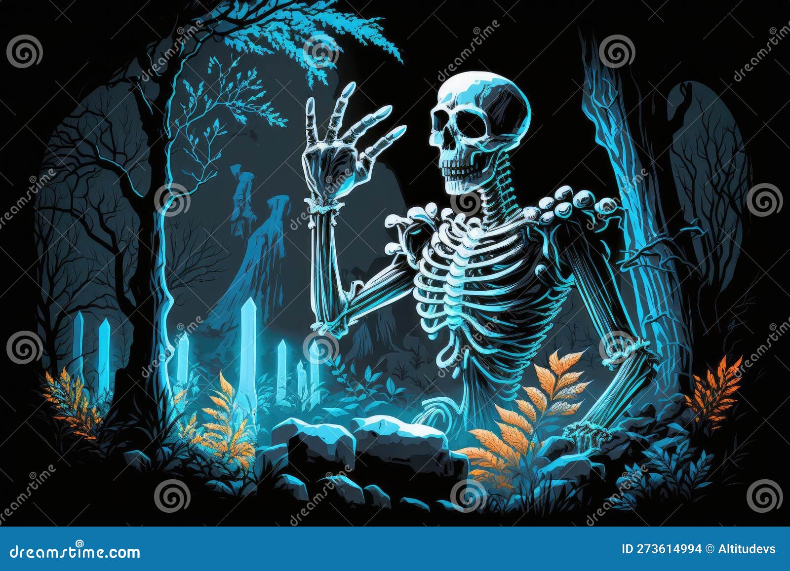 Ghost Skeleton with Glowing Eyes and Bony Hand Reaching Out from Beyond ...