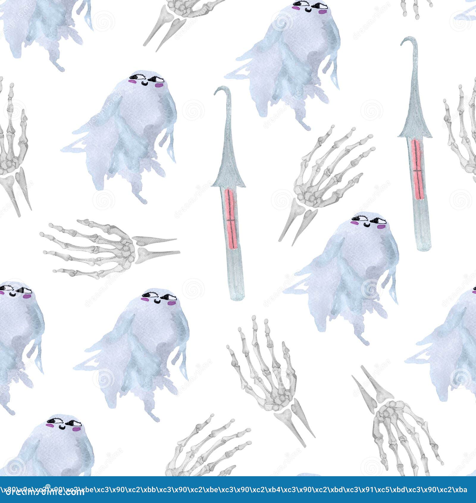 Ghost and Skeleton Hand Watercolor Seamless Pattern Stock Illustration ...