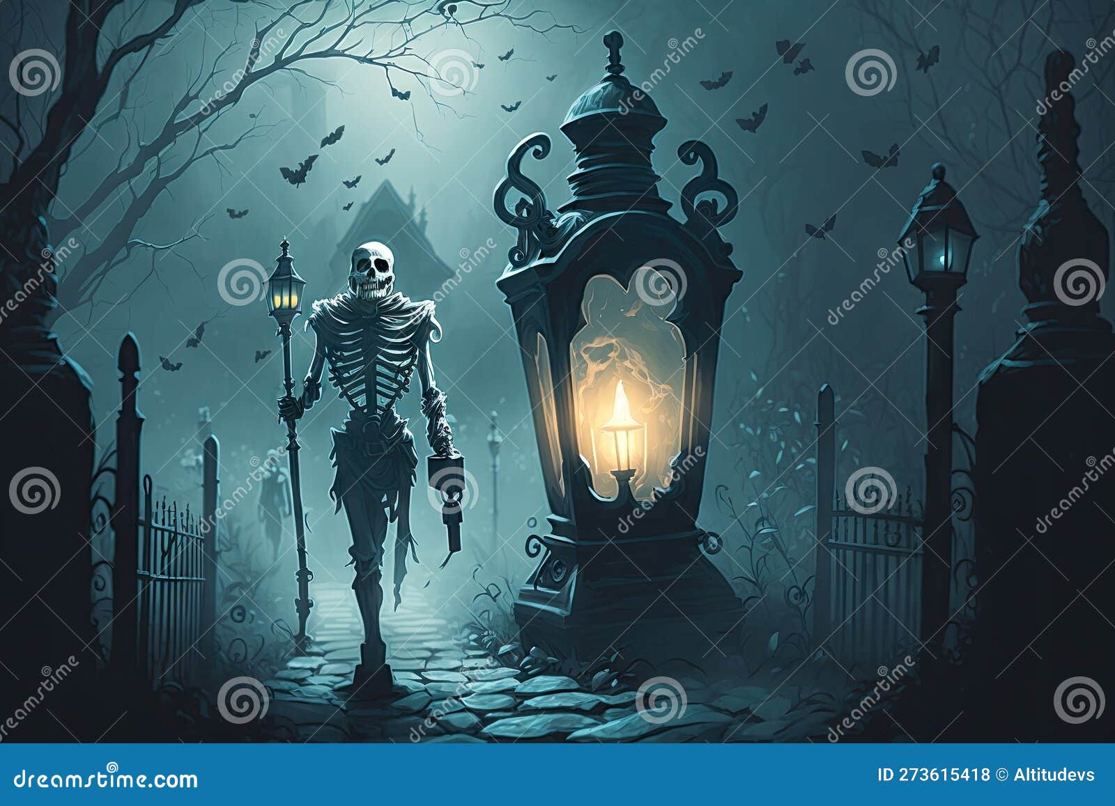 Ghost Skeleton Walking through Misty Graveyard, with Lantern in Hand ...