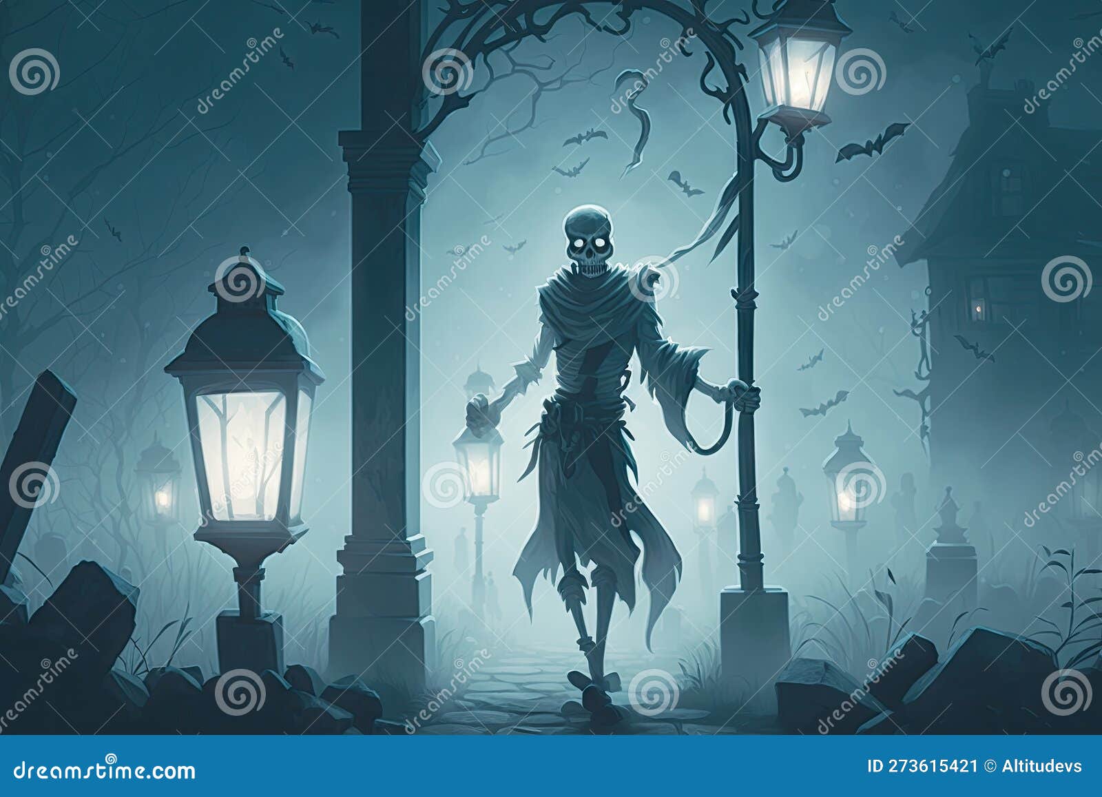 Ghost Skeleton Walking through Misty Graveyard, with Lantern in Hand ...