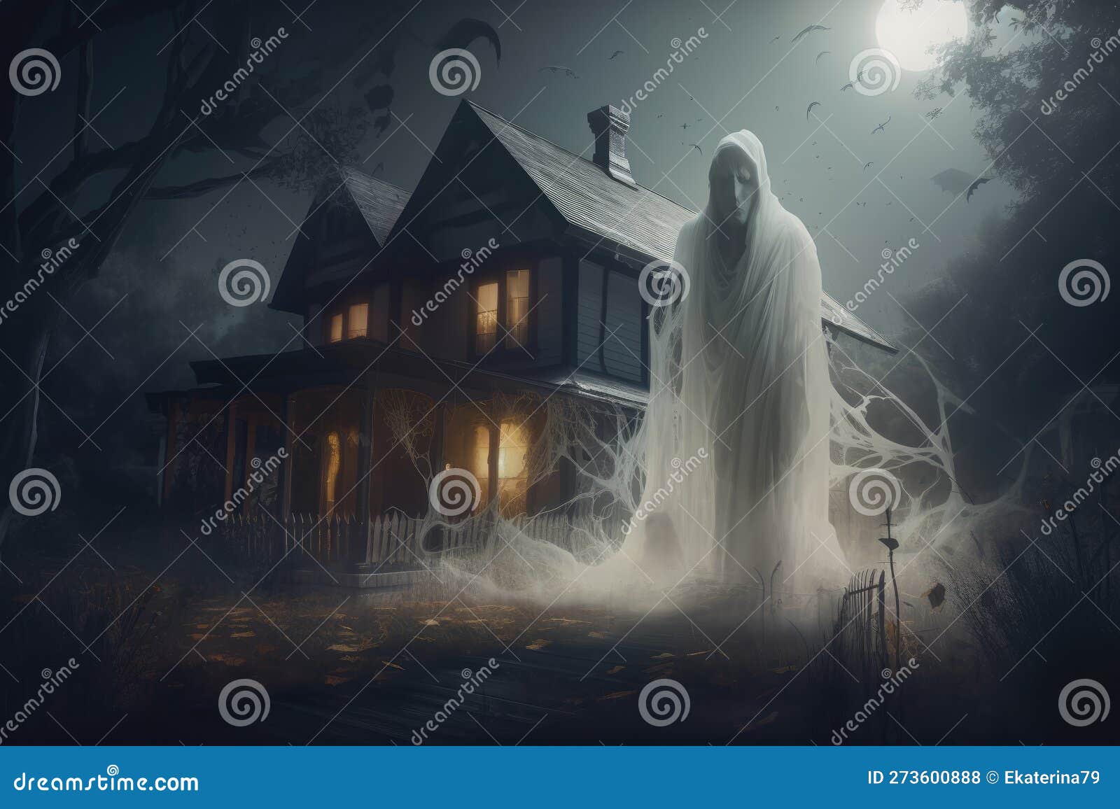A Ghost Standing Infront of a House Under a Full Moon. Created with ...