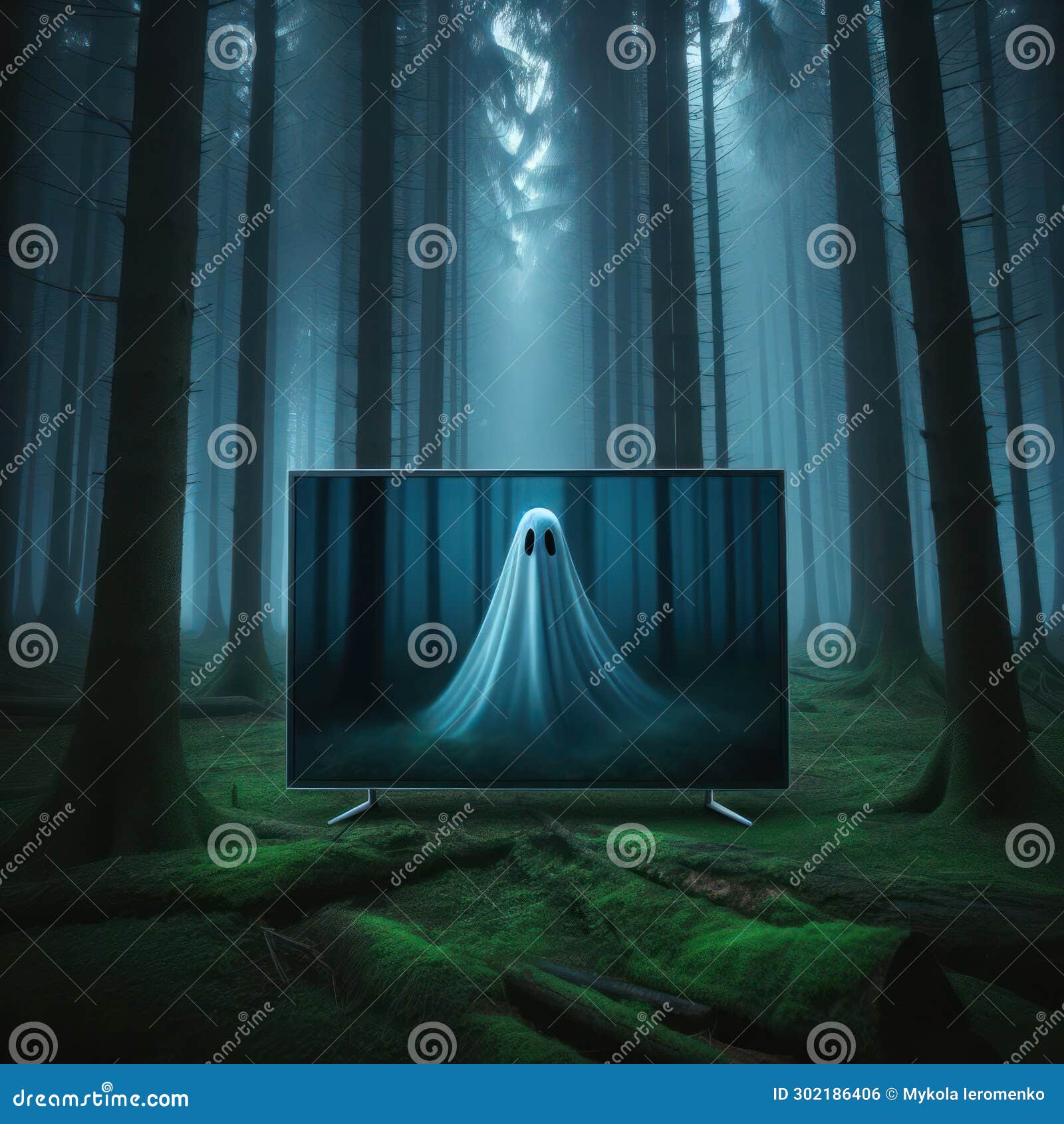 Ghost on TV Screen in Misty Forest. Stock Illustration - Illustration ...
