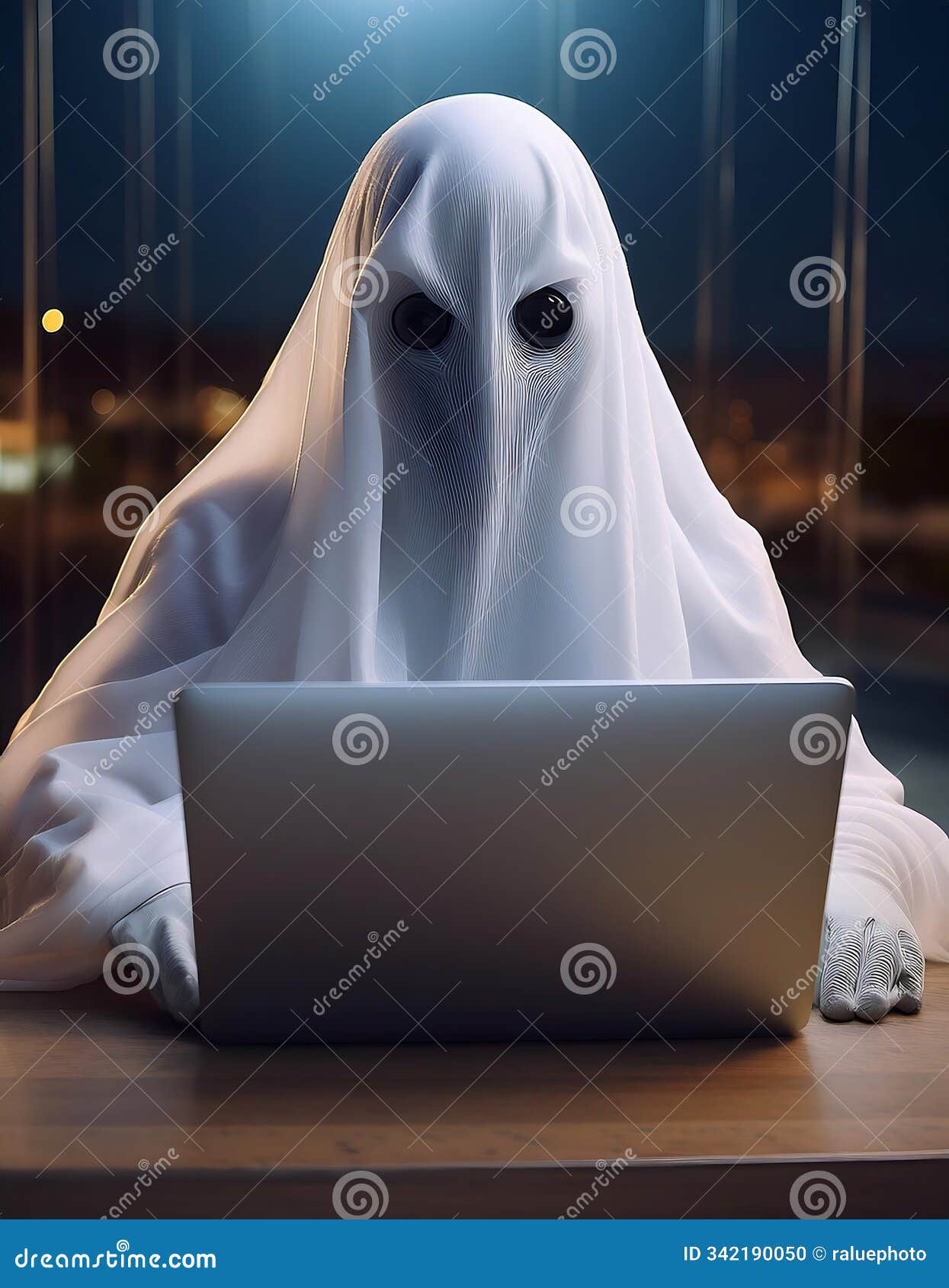 A Ghost in a White Sheet Using a Laptop at Night, Blending Spooky and ...