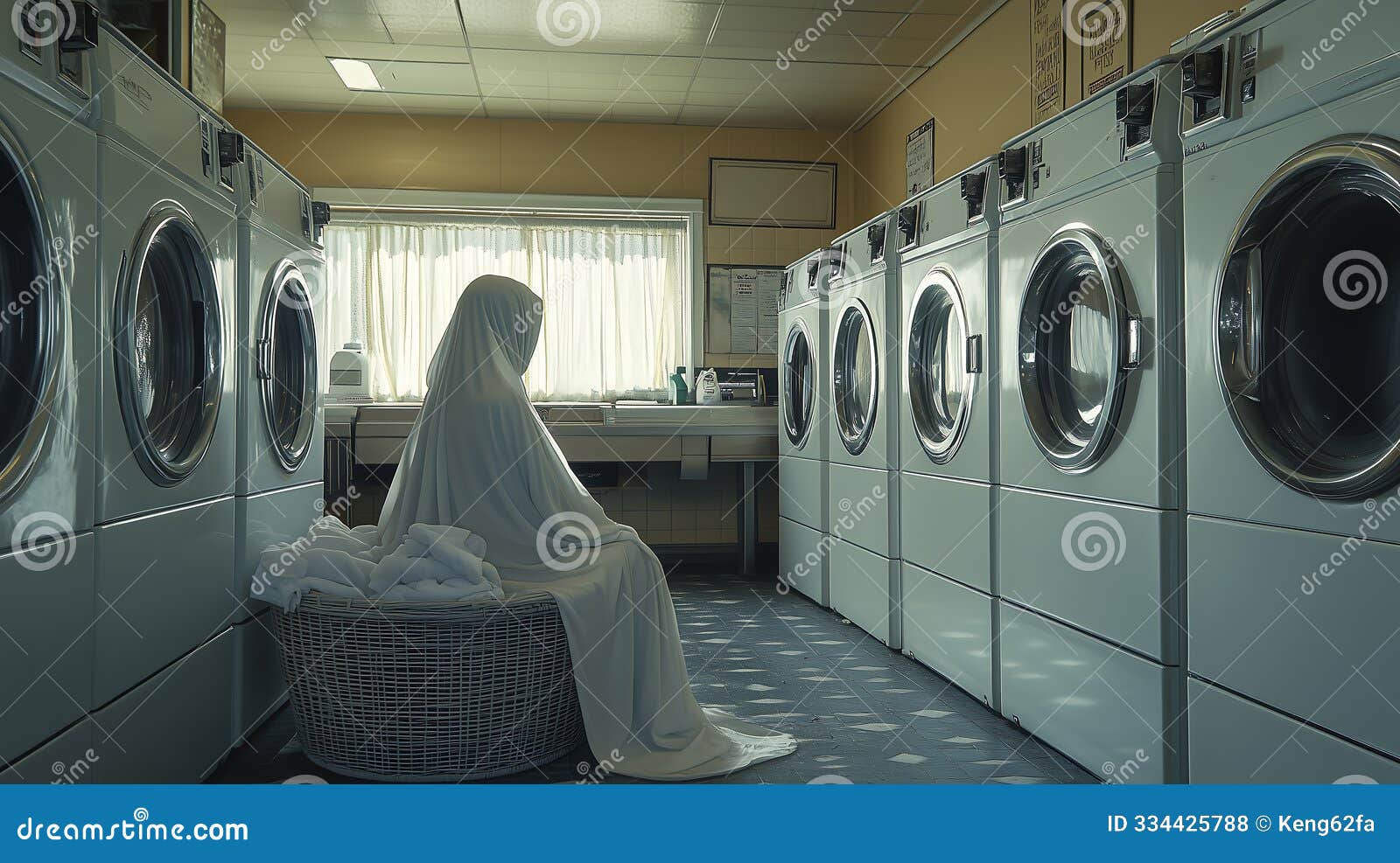Ghost Sitting in a Laundry Basket in a Laundromat during the Day Stock ...