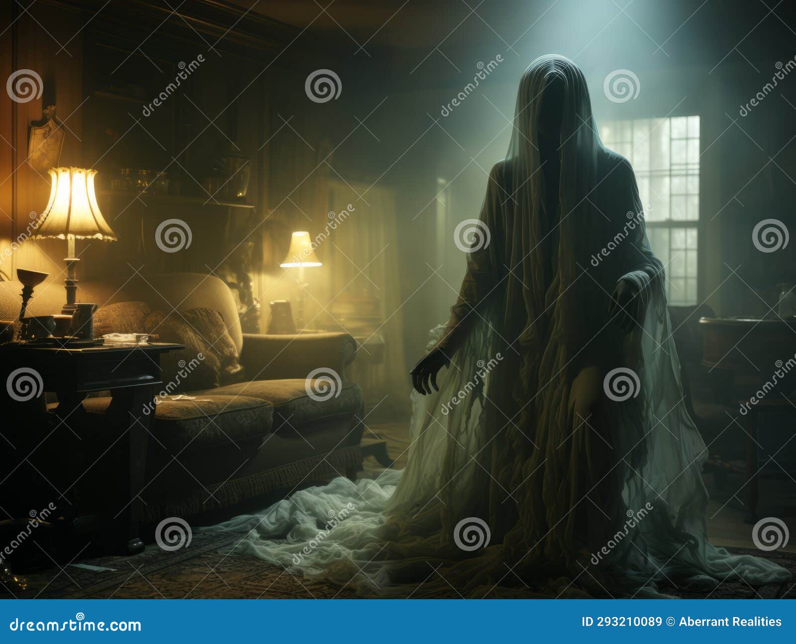 A Ghostly Figure Stands in a Dark Room Stock Illustration ...