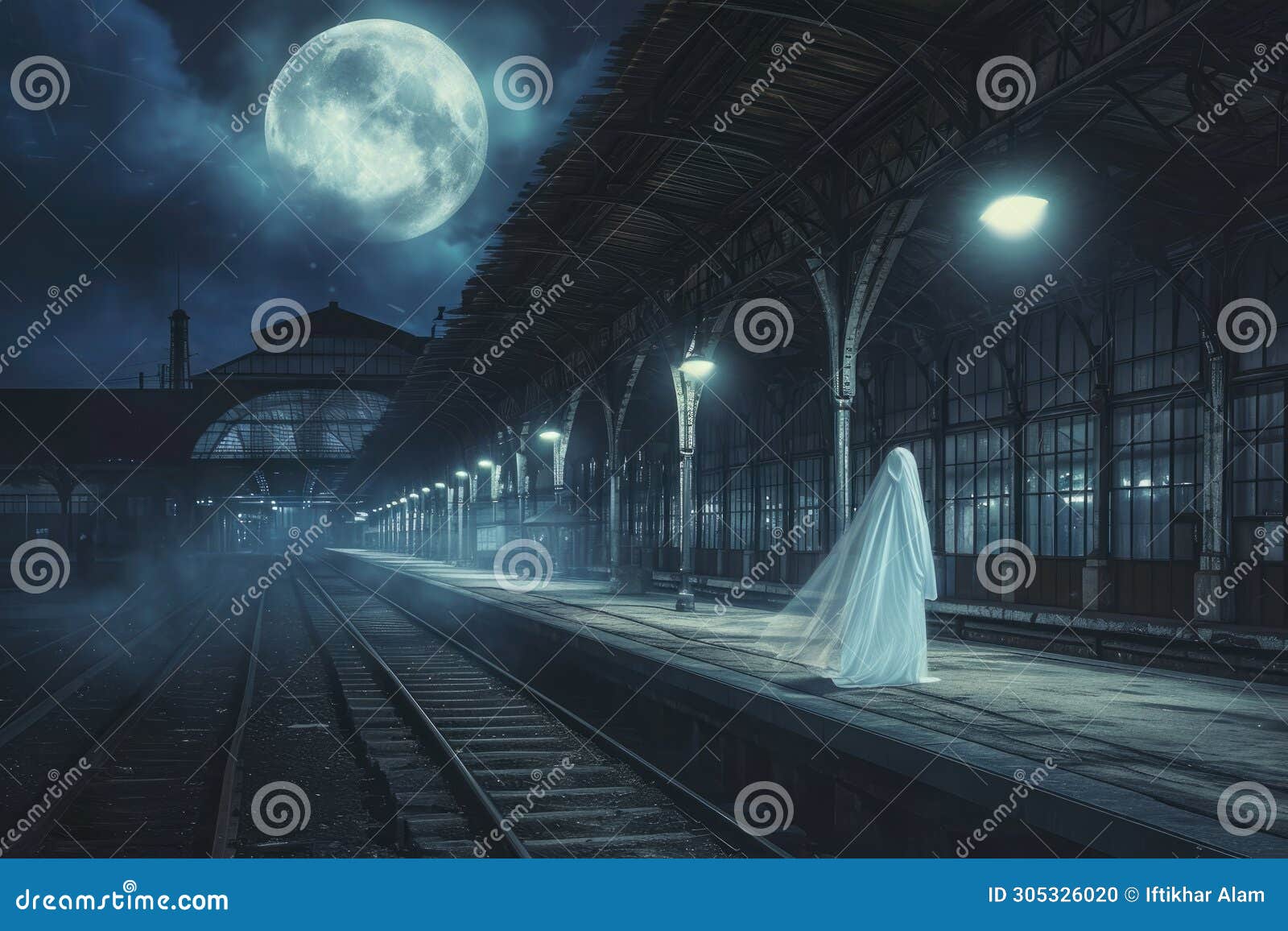 A Ghostly Figure Stands on a Dimly Lit Train Station Platform, Creating ...