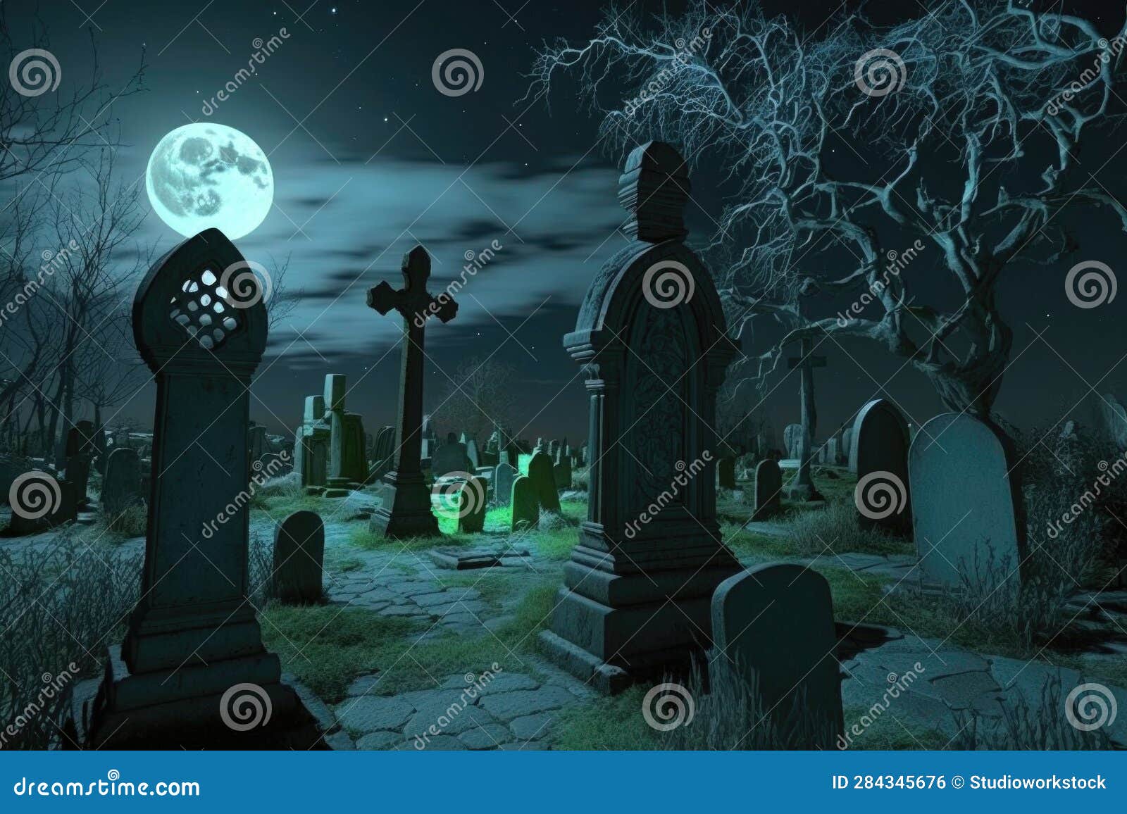 Ghostly Graveyard at Night, with Eerie Moonlight and Spooky Shadows ...