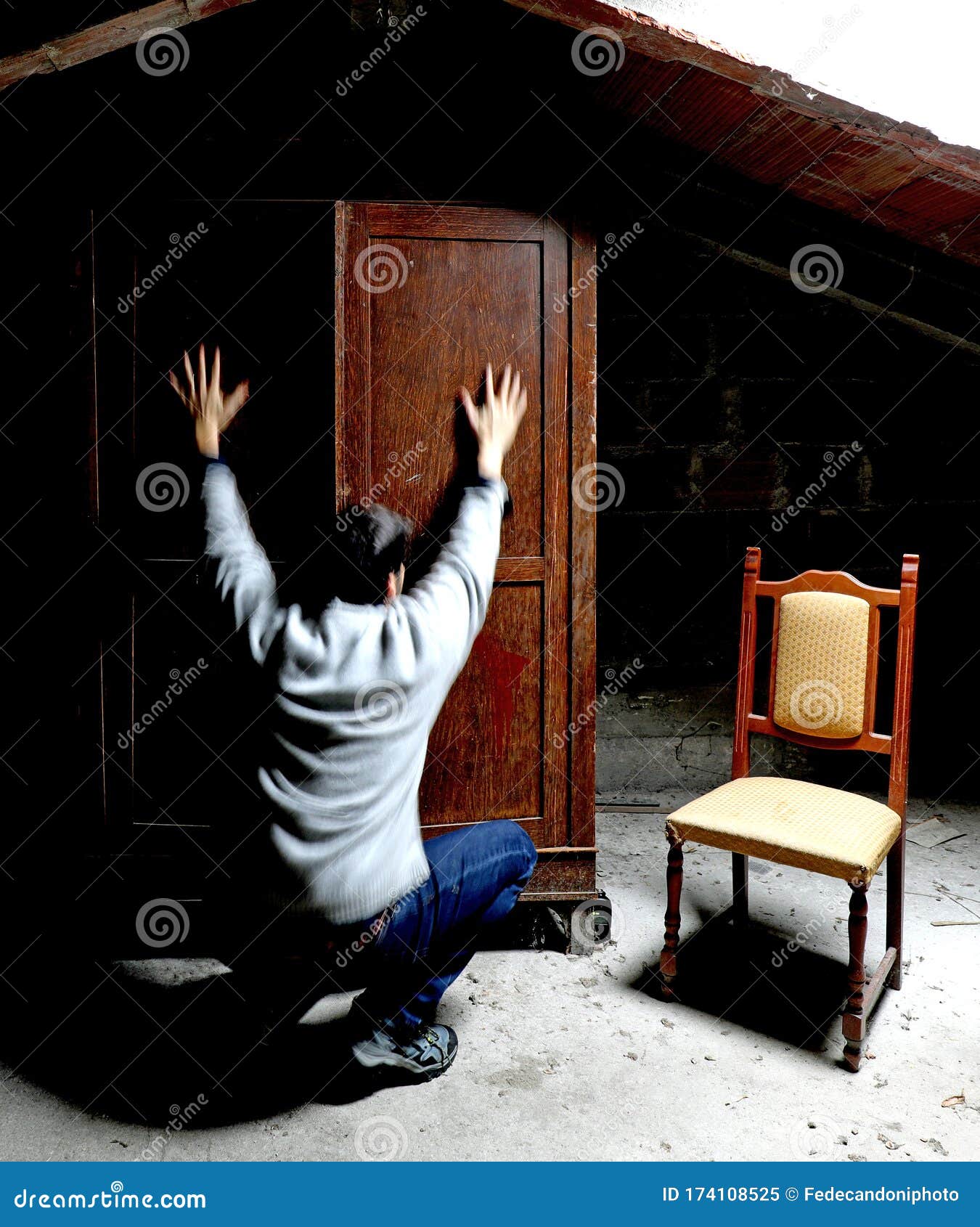 Ghostly man in the attic stock image. Image of cabinet - 174108525