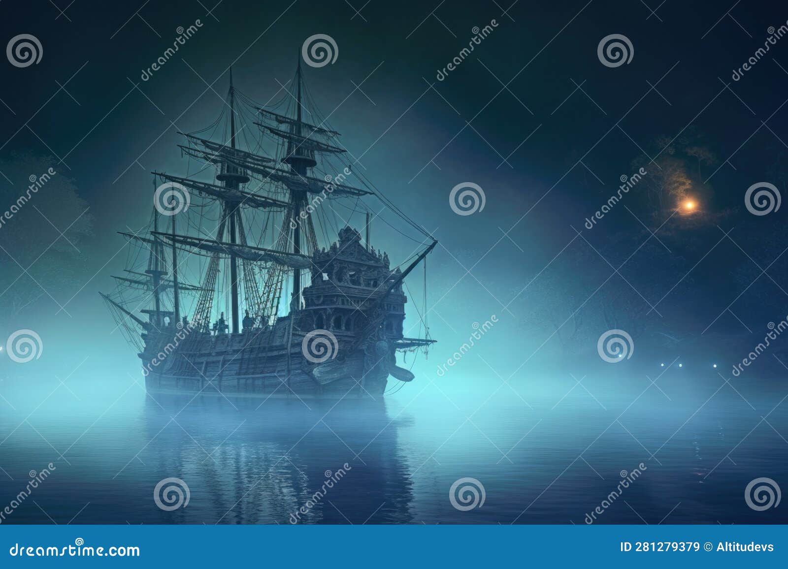 Ghostly Pirate Ship Illuminated by Moonlight, Drifting through Fog ...