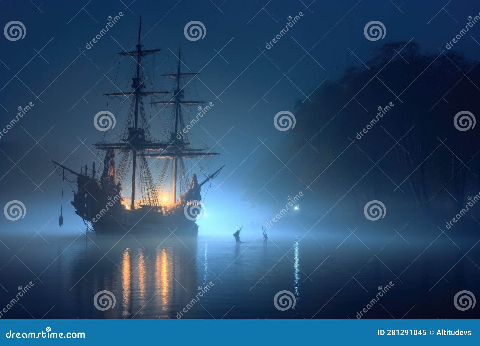 Ghostly Pirate Ship Illuminated by Moonlight, Drifting through Fog ...