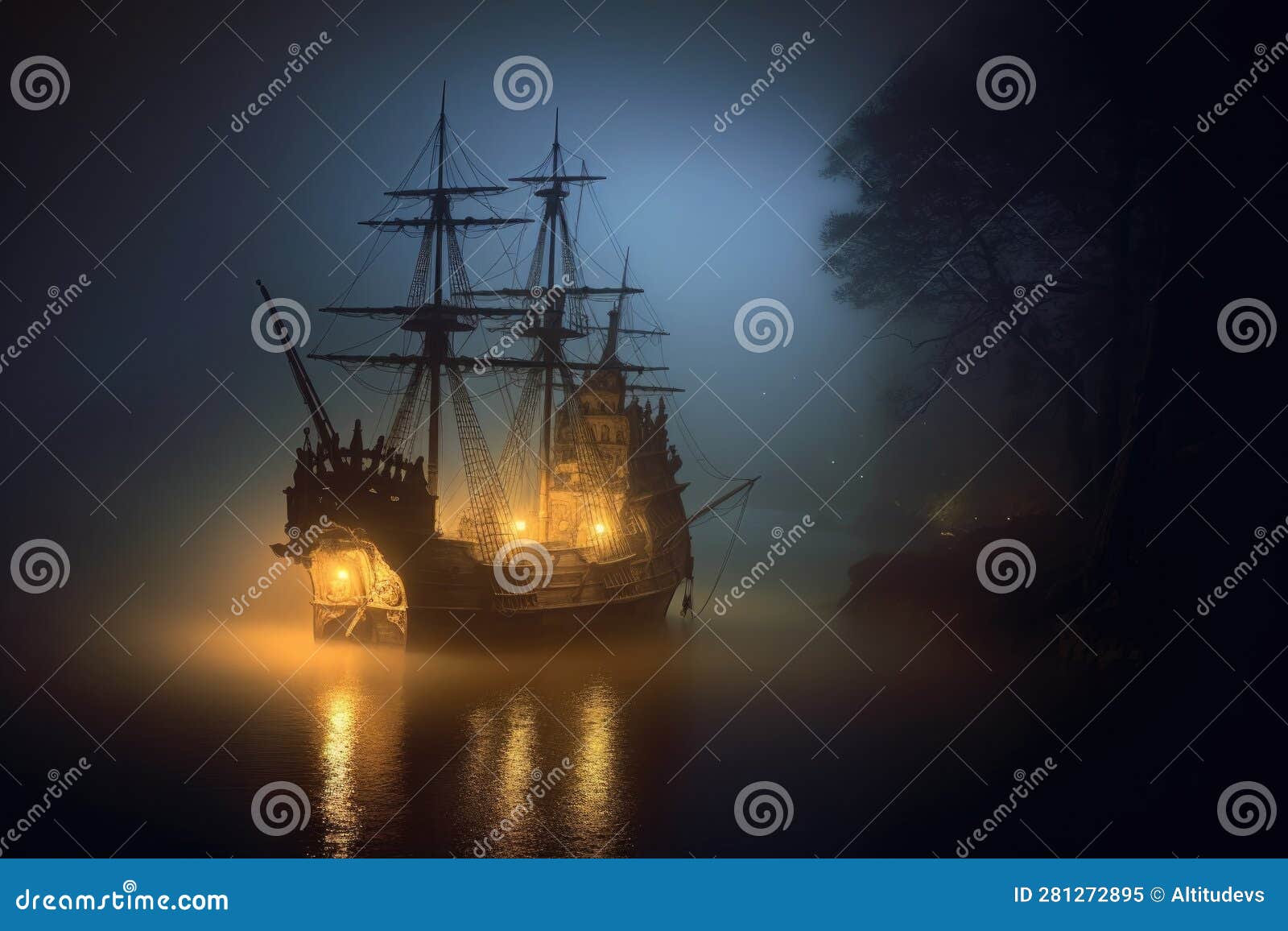 Ghostly Pirate Ship Sailing through a Dense Fog at Night Stock ...