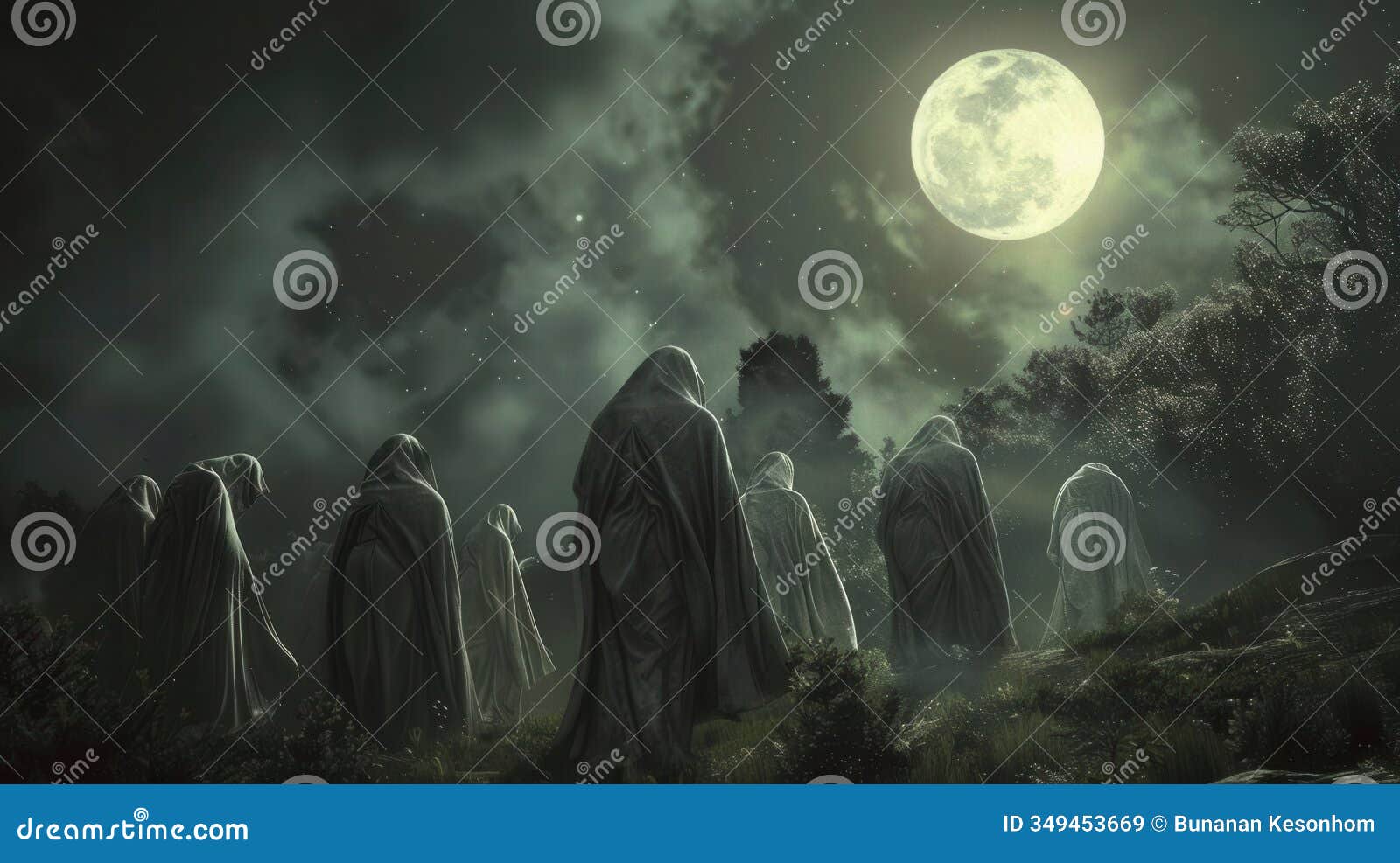 A Ghostly Procession of Medieval Monks Chanting Under a Full Moon Stock ...