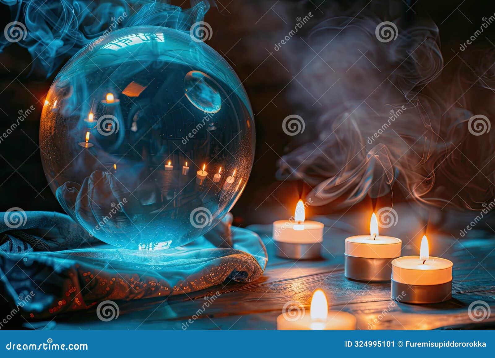 A Ghostly Seance Table with Floating Candles and a Crystal Ball, with ...