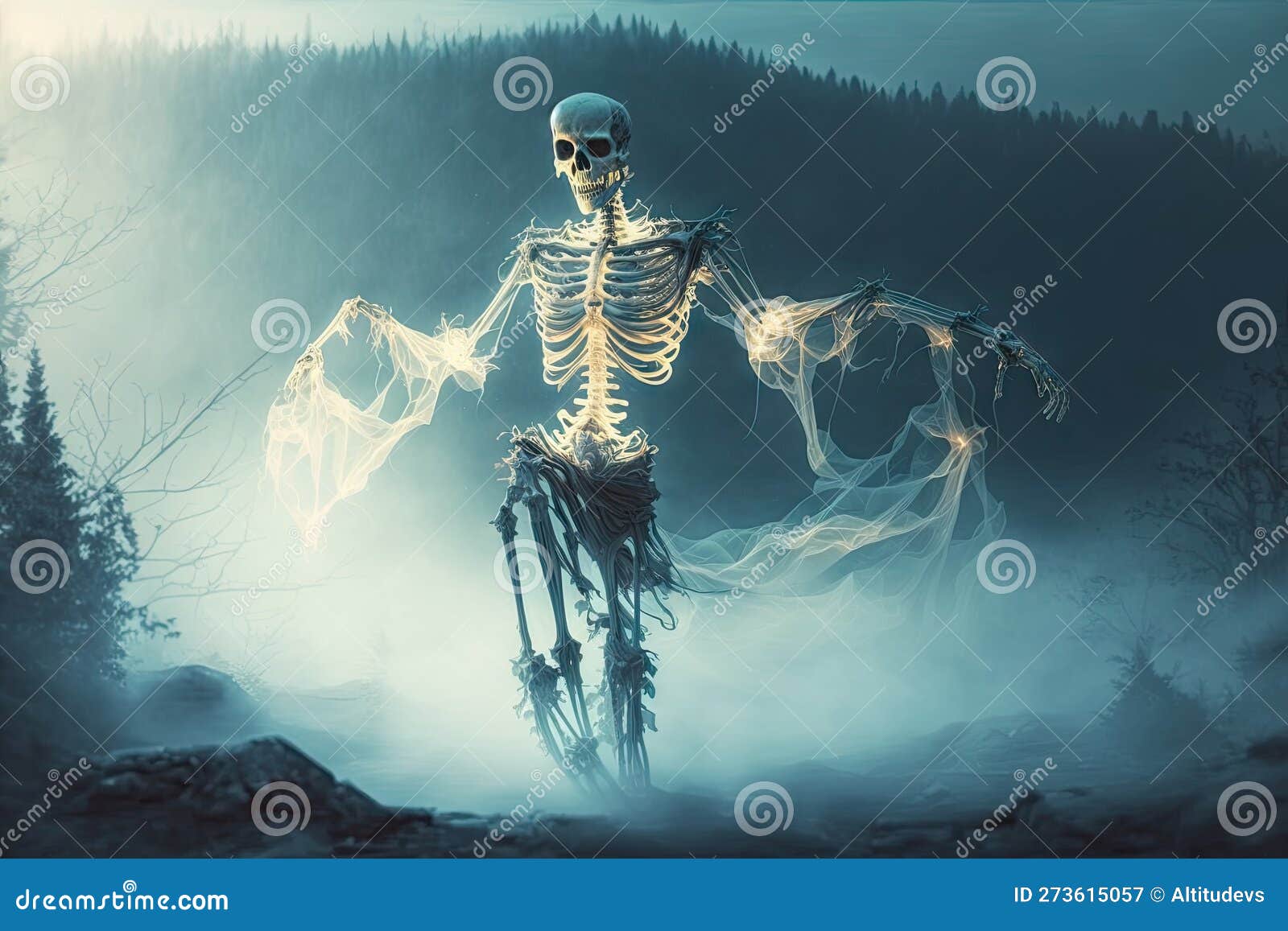 Ghostly Skeleton Floating in the Air, Surrounded by Mist and Eerie ...