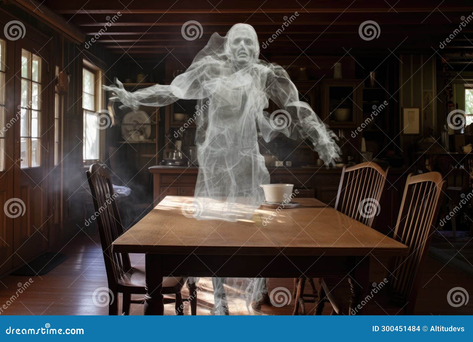 Ghostly Skeleton Hovering Over an Antique, Wooden Dining Table Stock ...