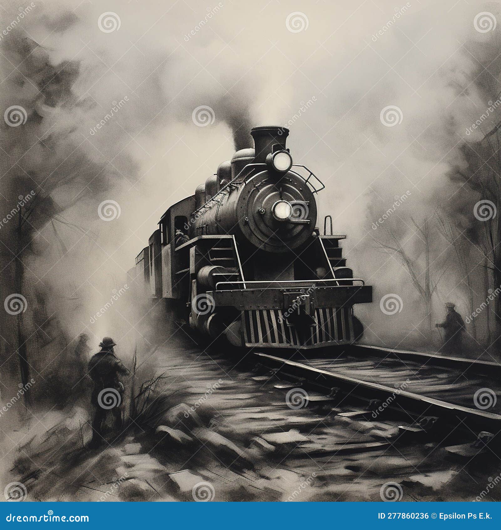 Ghostly Steam Train Emerging from a Dense Fog Stock Illustration ...