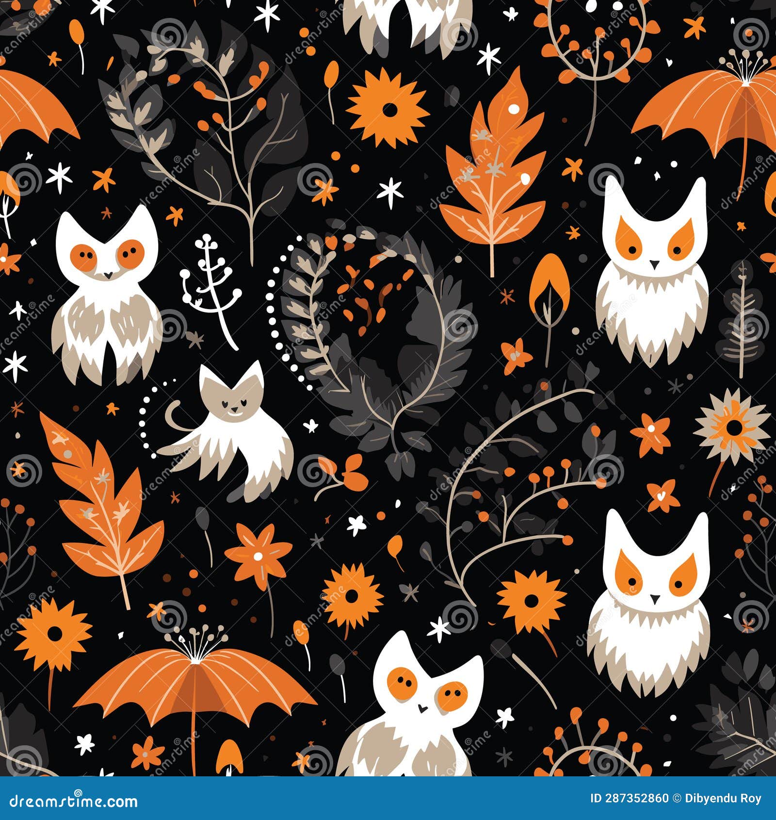 Ghostly Vector Pattern: Black Background with Ghosts, Plants, and ...