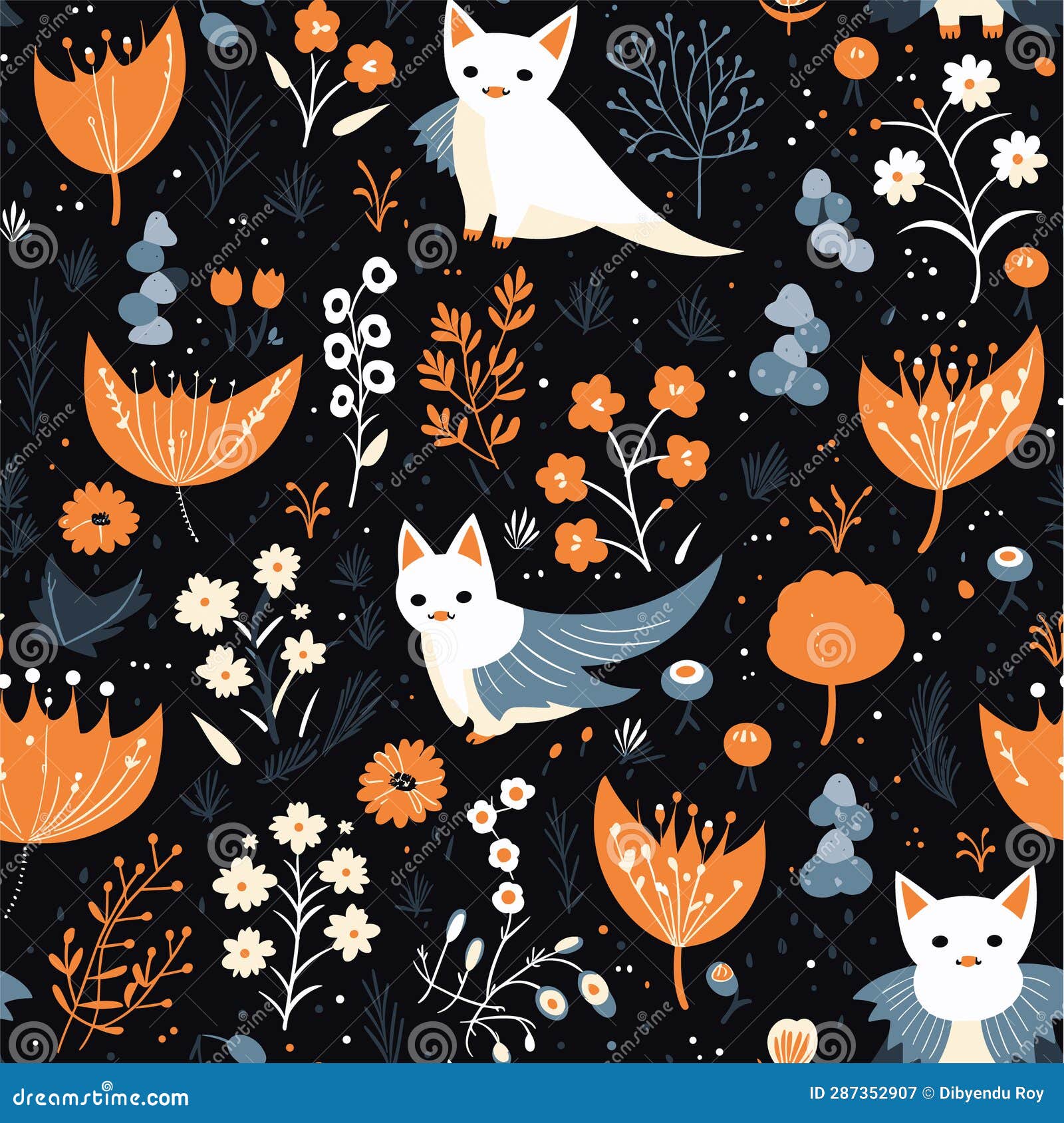 Ghostly Vector Pattern: Black Background with Ghosts, Plants, and ...