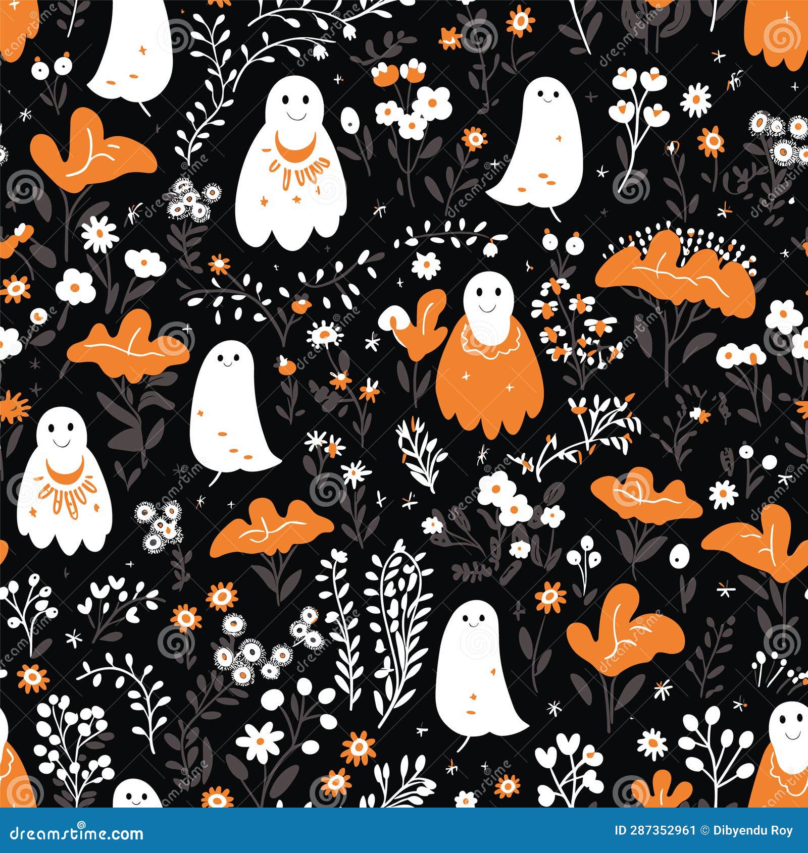 Ghostly Vector Pattern: Black Background with Ghosts, Plants, and ...