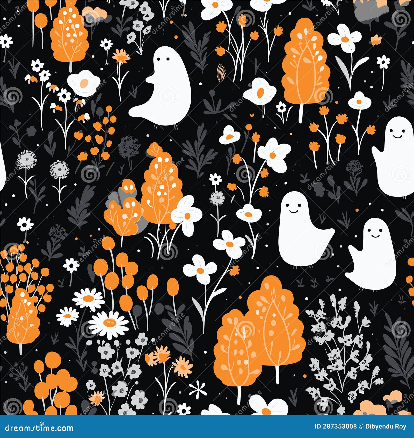 Ghostly Vector Pattern: Black Background with Ghosts, Plants, and ...