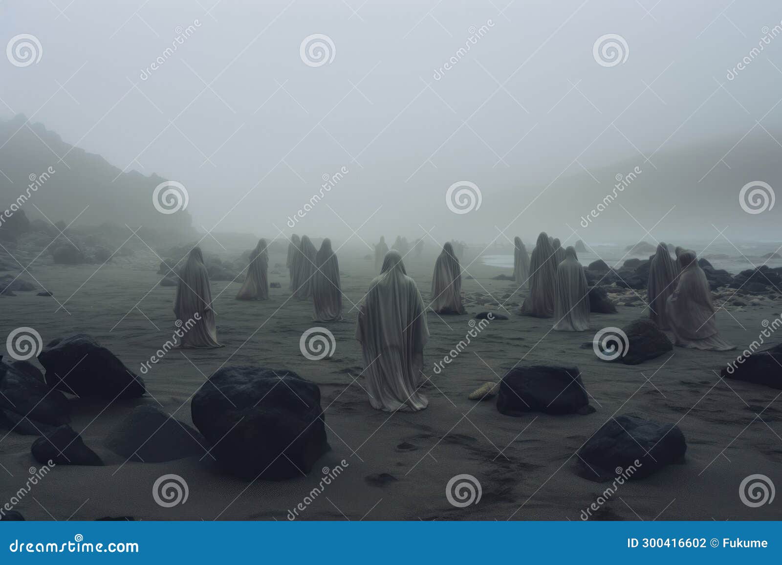 Ghosts on the Foggy Ocean Shore. Generative Ai Stock Illustration ...