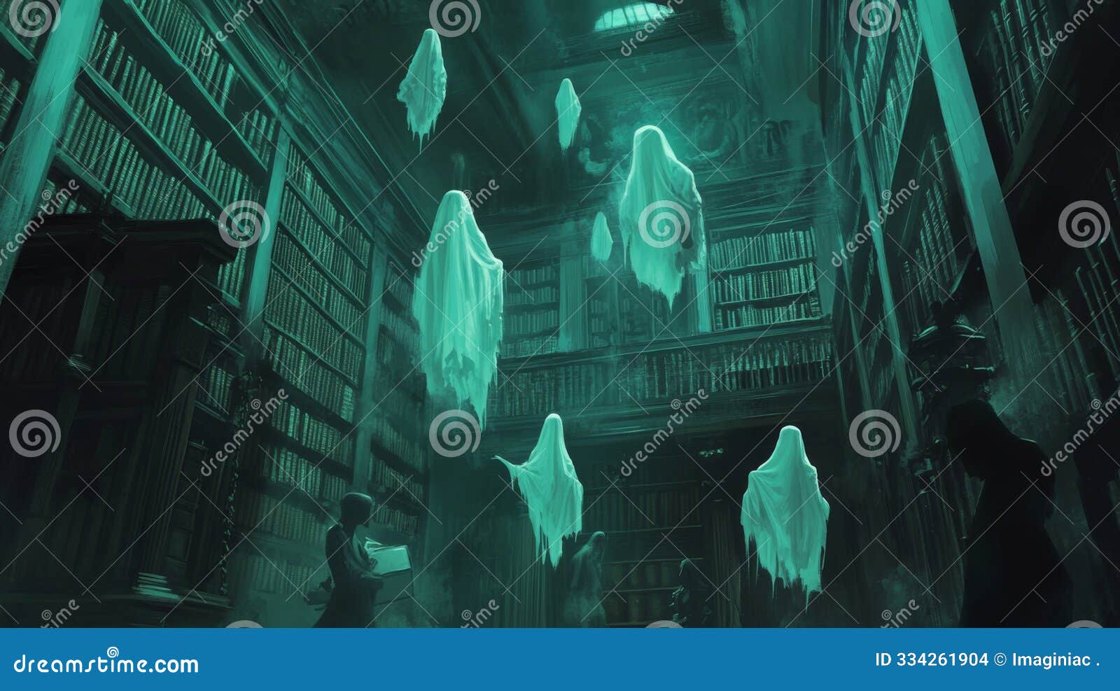 Ghosts Haunt an Eerie, Book-Lined Library Stock Illustration ...