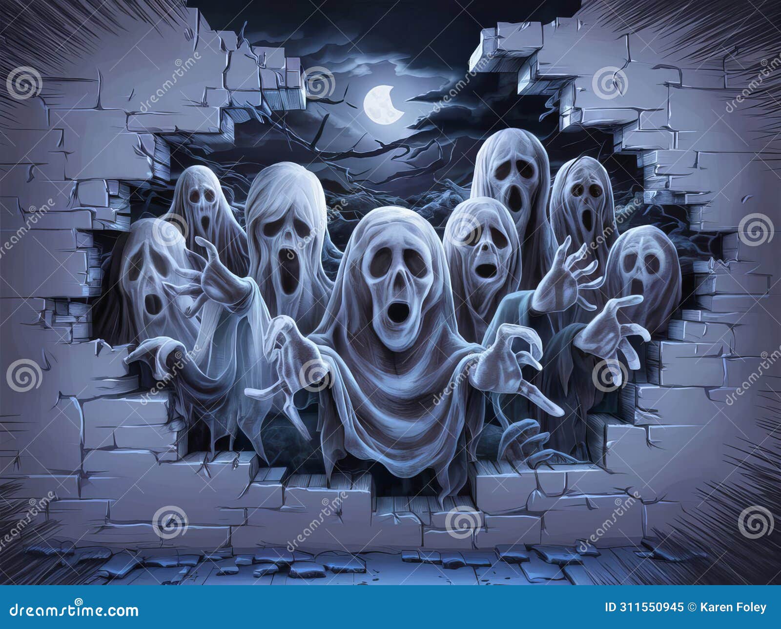Ghoulish Figures Emerging at Night Stock Illustration - Illustration of ...