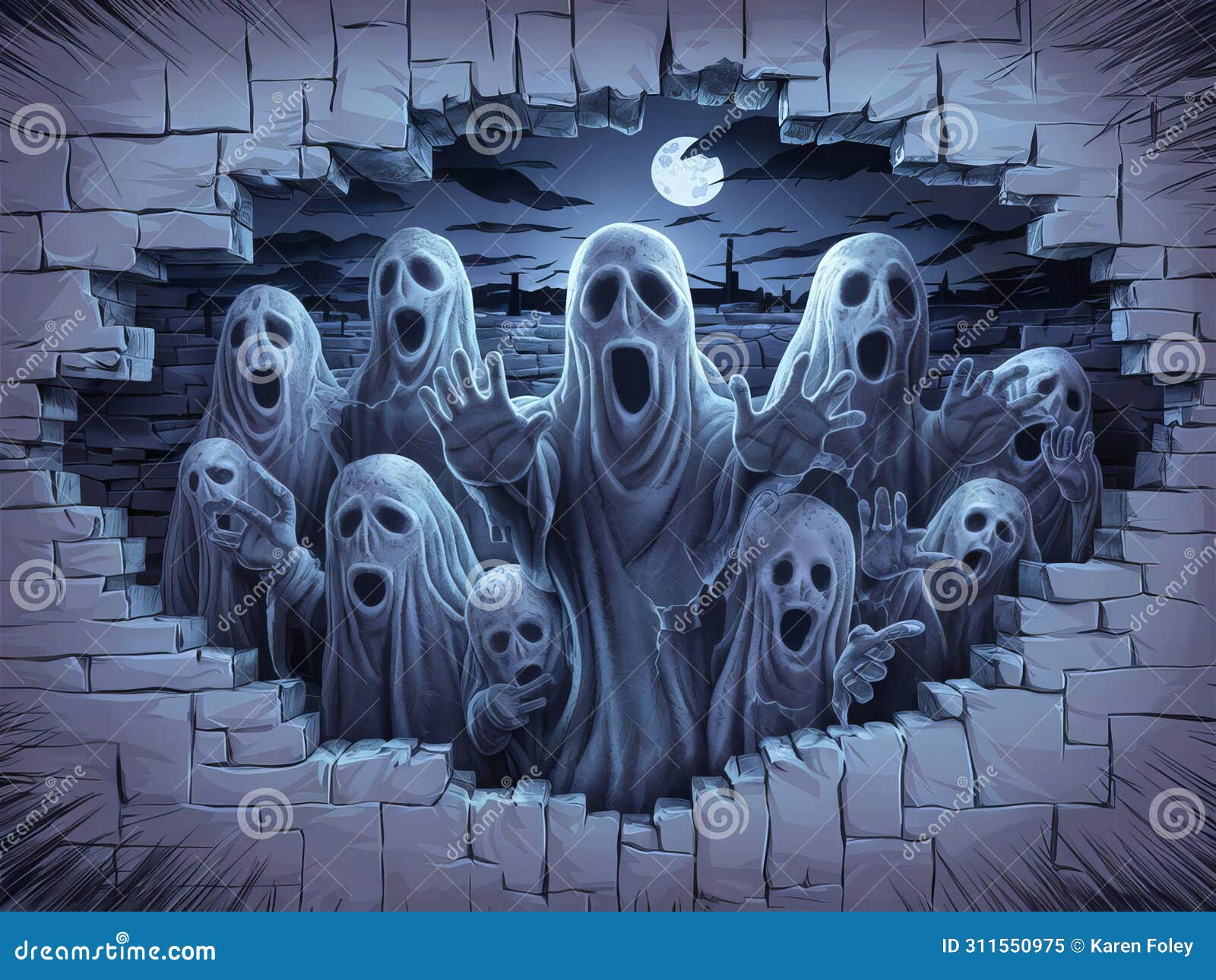 Ghoulish Figures Emerging at Night Stock Illustration - Illustration of ...