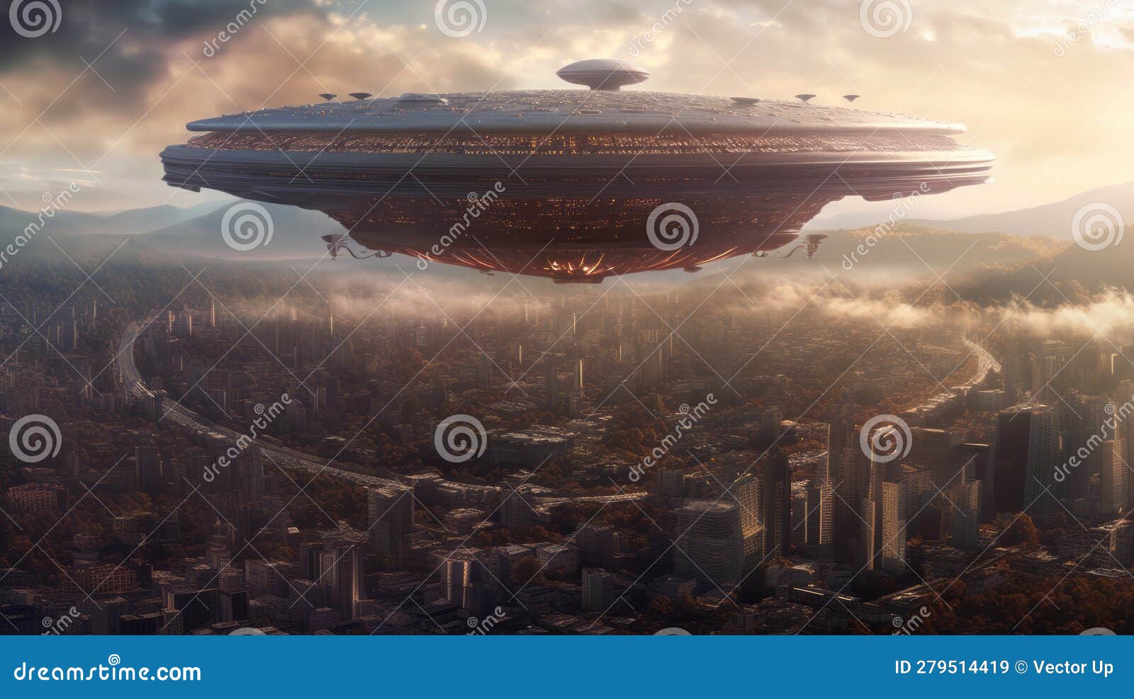 Giant Alien Ship Over City. Generative AI Stock Illustration ...