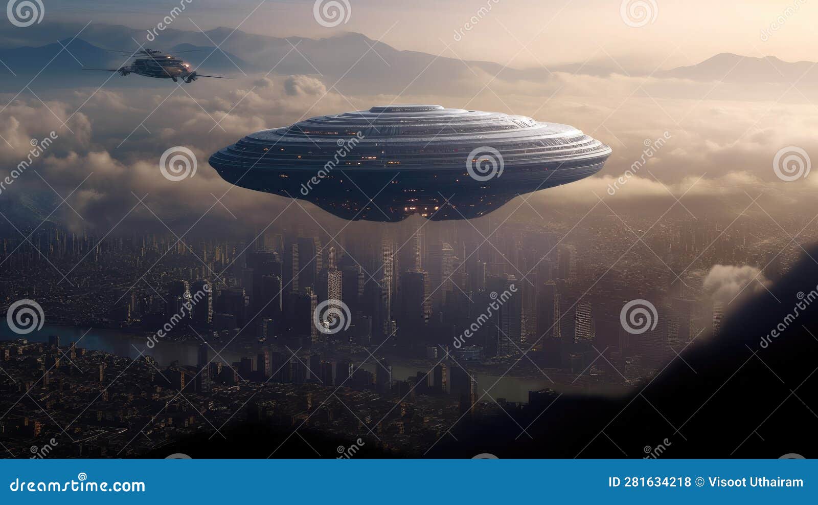 Giant Alien Ship Over City Invasion Sci Fi Concept Stock Illustration