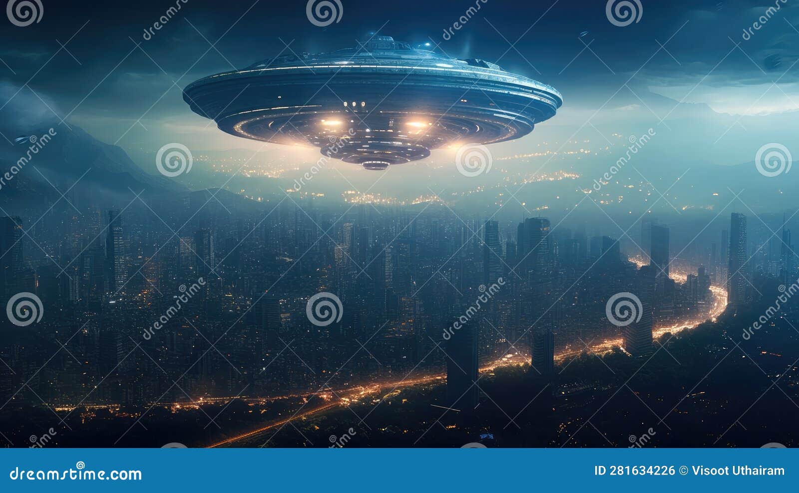 Giant Alien Ship Over City Large Flying Saucer Visual Effect Element
