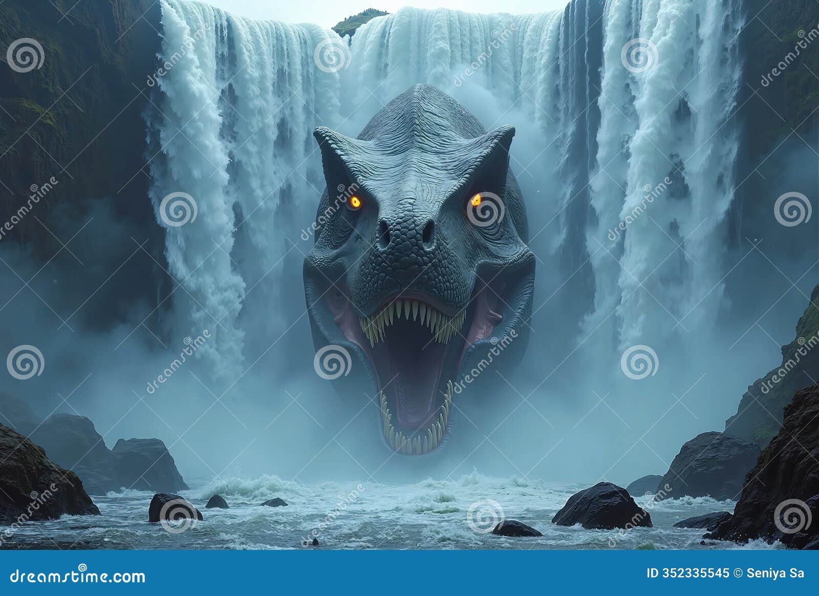 Giant Angry Dinosaur Face Emerging from a Massive Waterfall. Stock ...