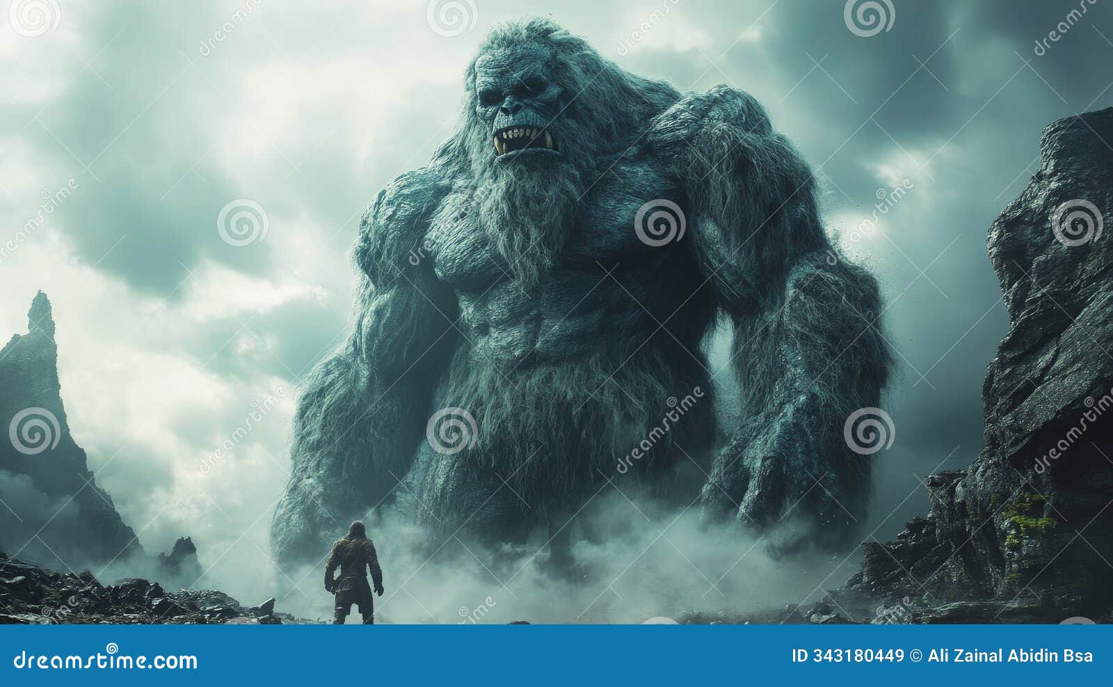 Giant Ape Facing Man in a Rocky Landscape Stock Illustration ...