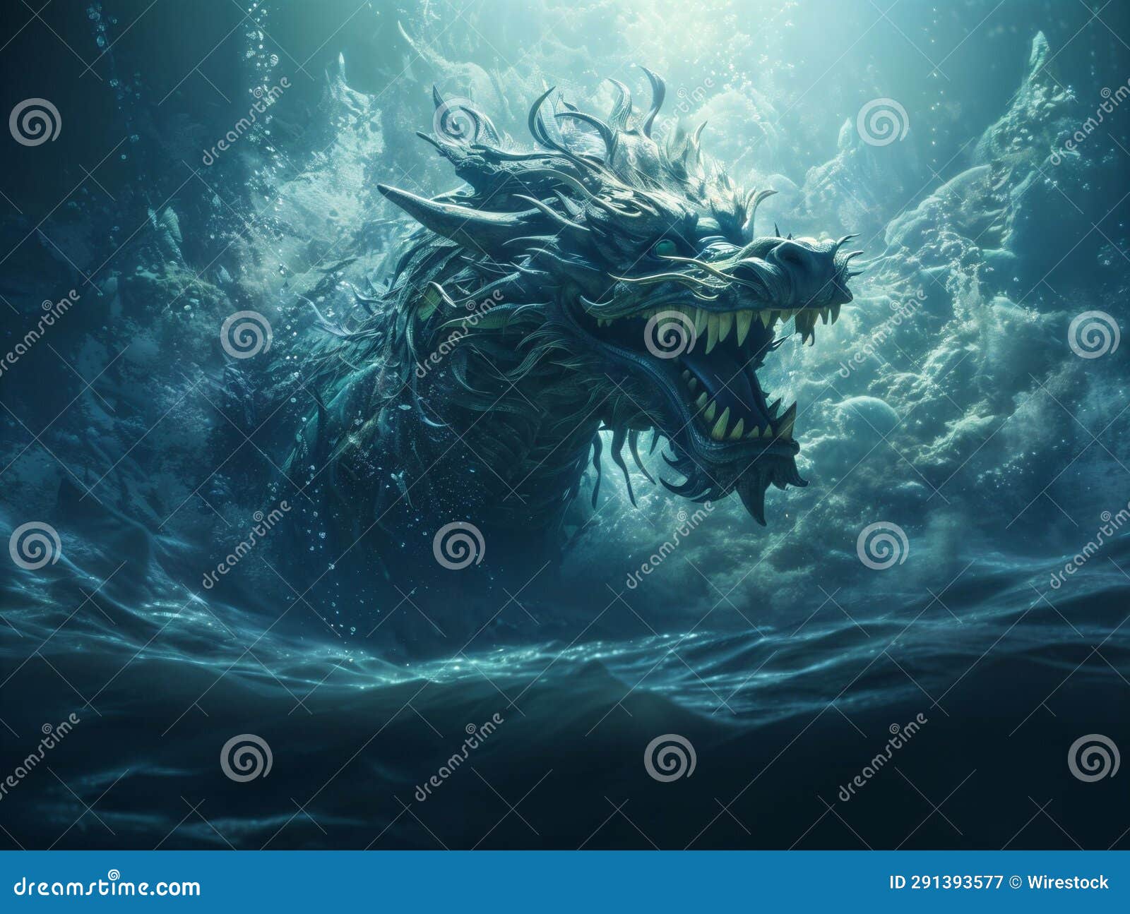 A Giant Blue Dragon Floating in the Ocean with Huge Teeth Stock ...