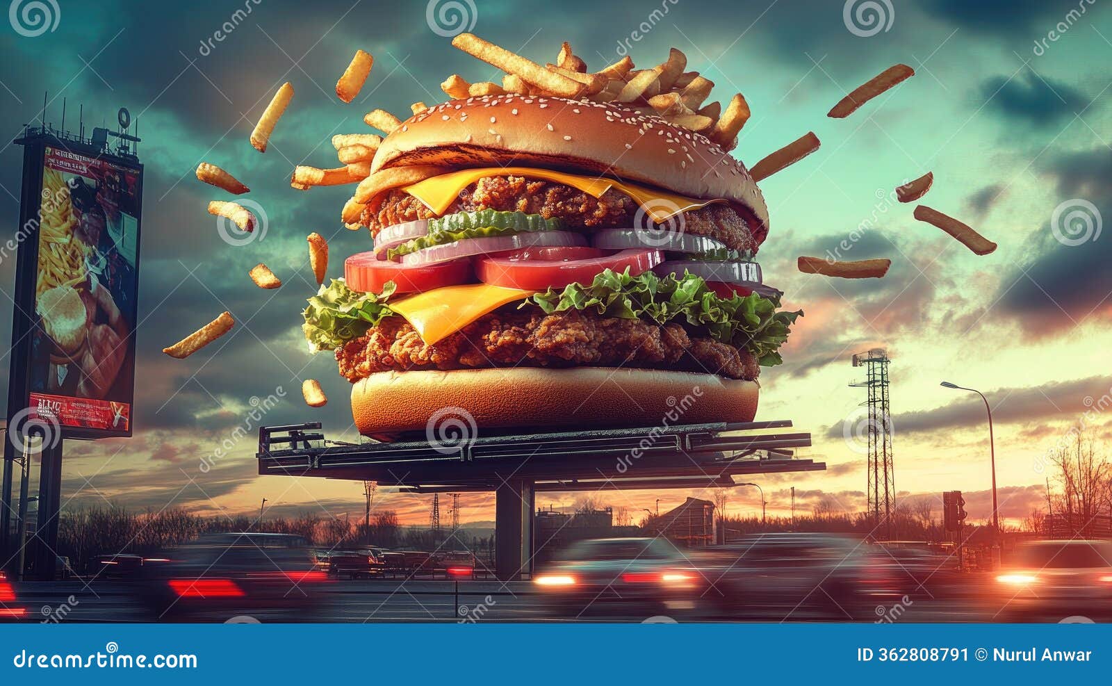 A Giant Burger With Fries Is On A Billboard In The City Royalty-Free ...
