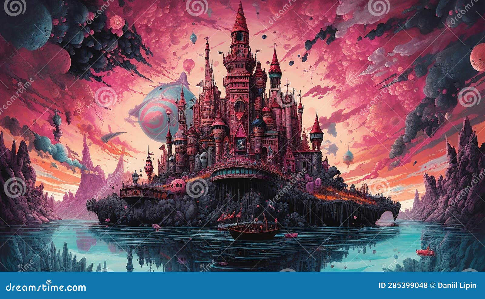 A Giant Castle Floating in a Surreal Landscape Stock Illustration ...
