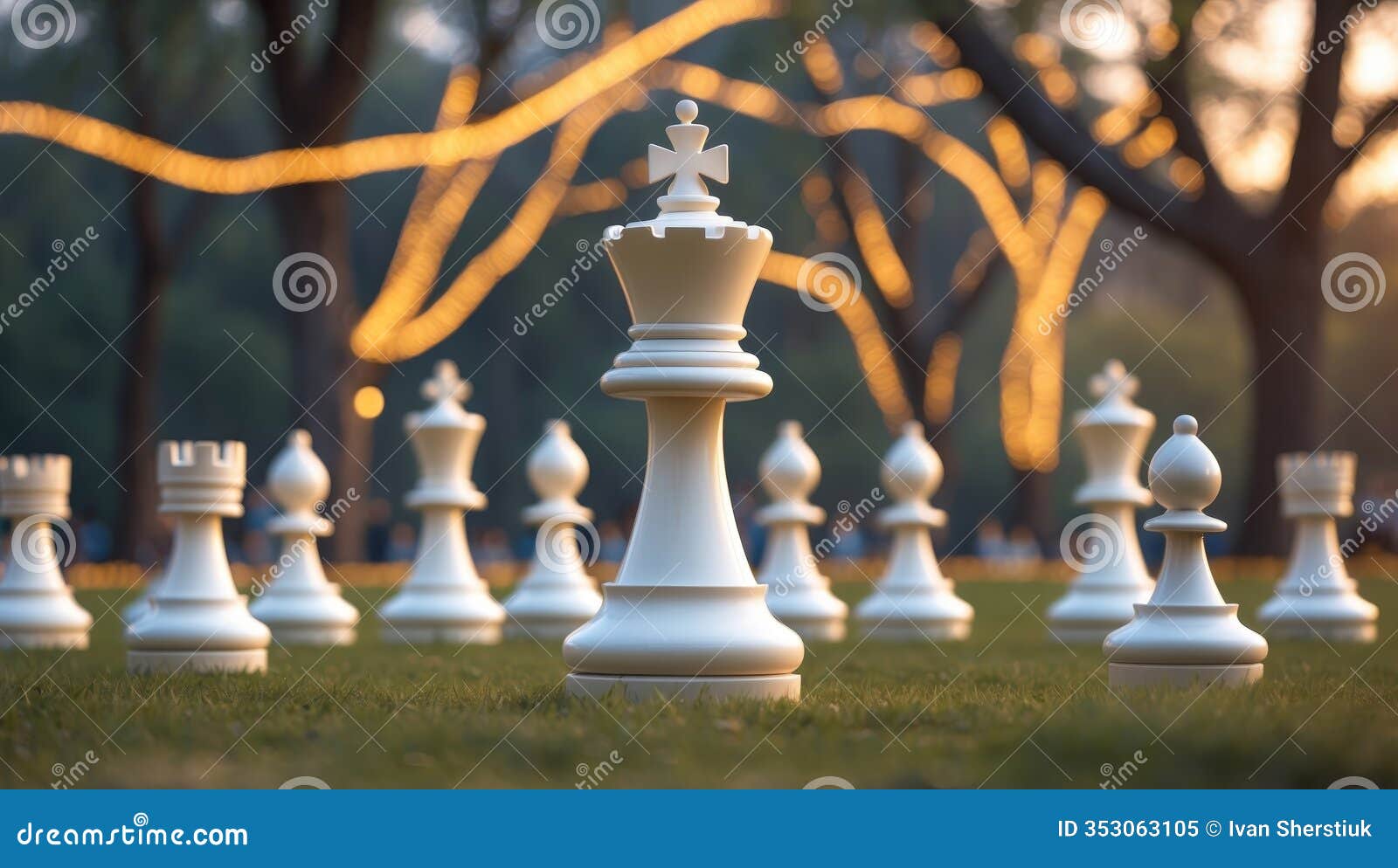 Giant Chess Set in a Park during Twilight with Illuminated Trees Lining ...