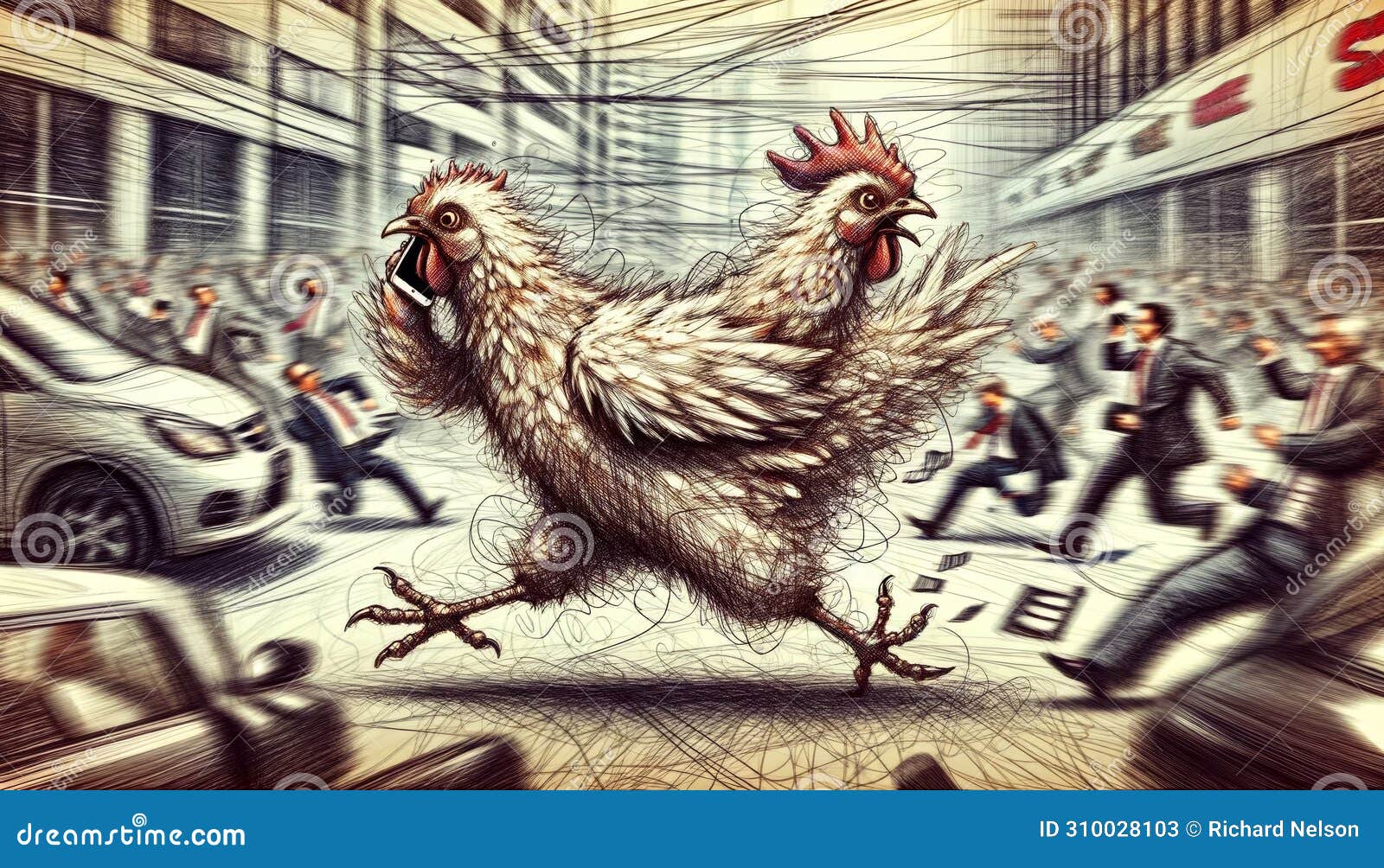 Giant Chicken in a Chaotic City Scene Stock Illustration - Illustration ...