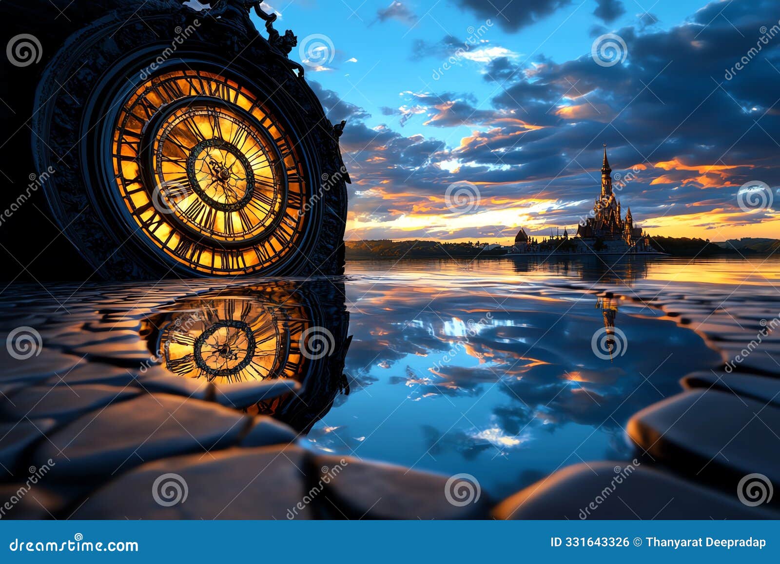 A Giant Clock Face Reflects in a Puddle, with a Distant Cityscape and ...